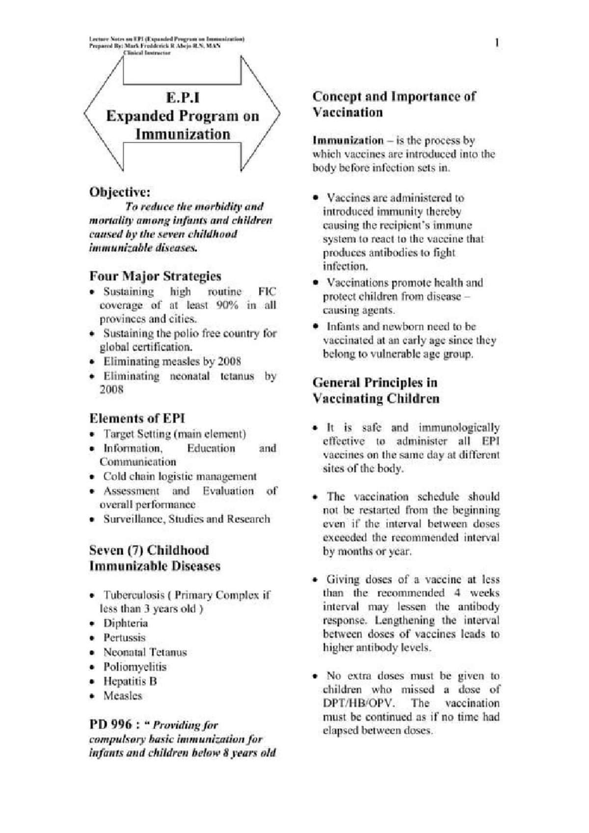 EPI - EXPANDED PROGRAM ON IMMUNIZATION NOTES - Lecture Notes on EPI ...