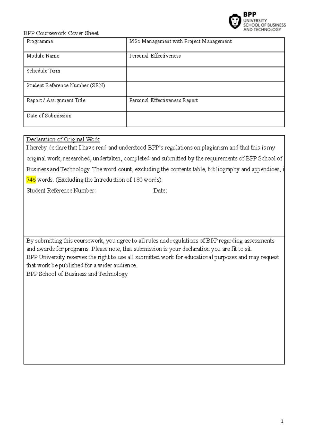PE - Formative Assessment - BPP Coursework Cover Sheet Programme MSc Management with Project ...