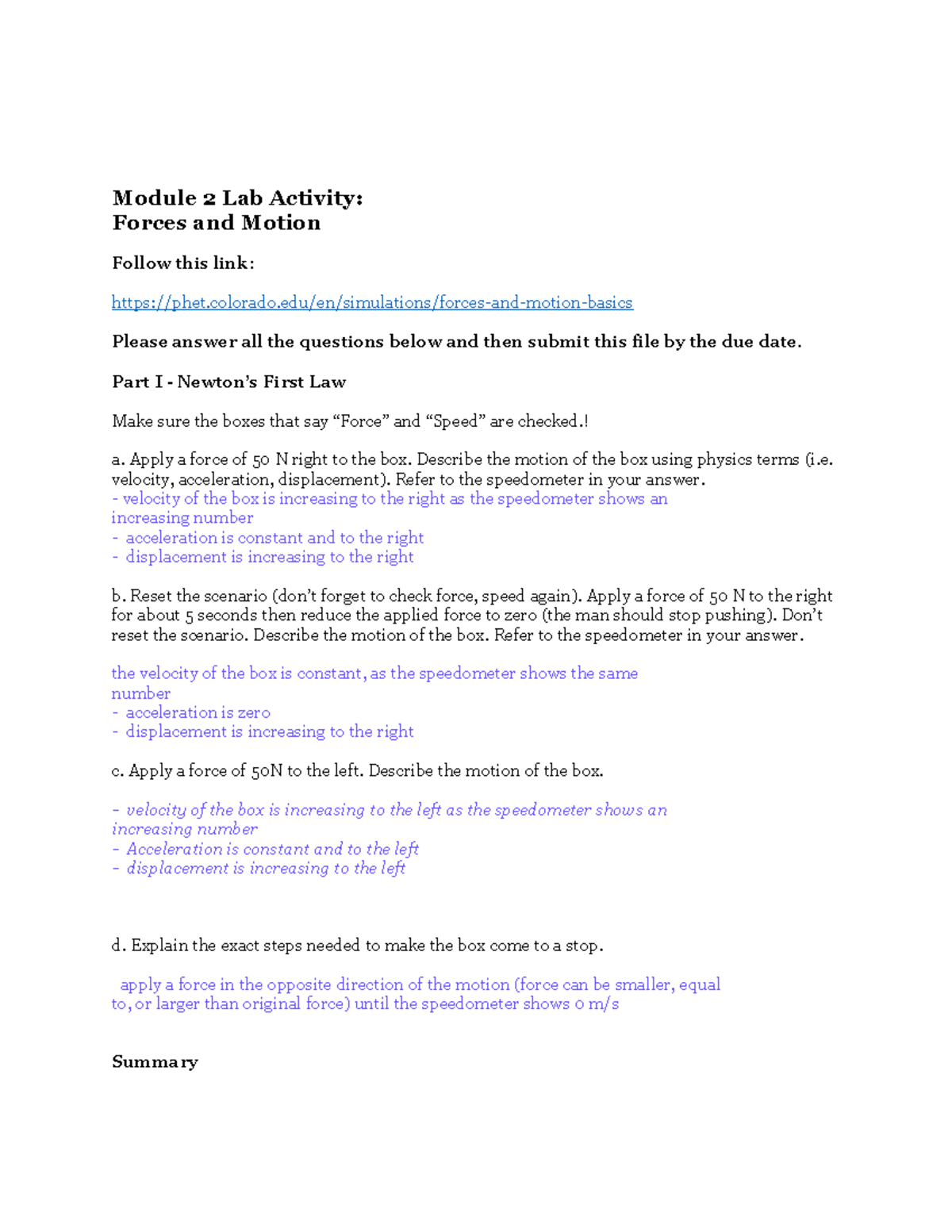 Forces and Motion Lab PHe T Experiment - Module 2 Lab Activity: Forces ...