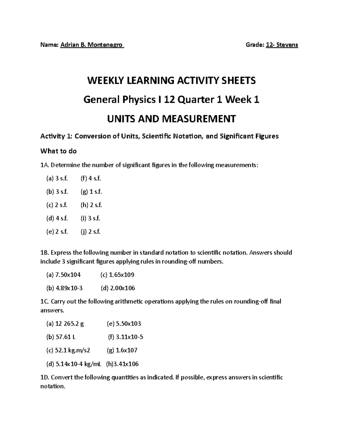 A General Physics 12 Q1M1 - Name: Adrian B. Montenegro Grade: 12 ...