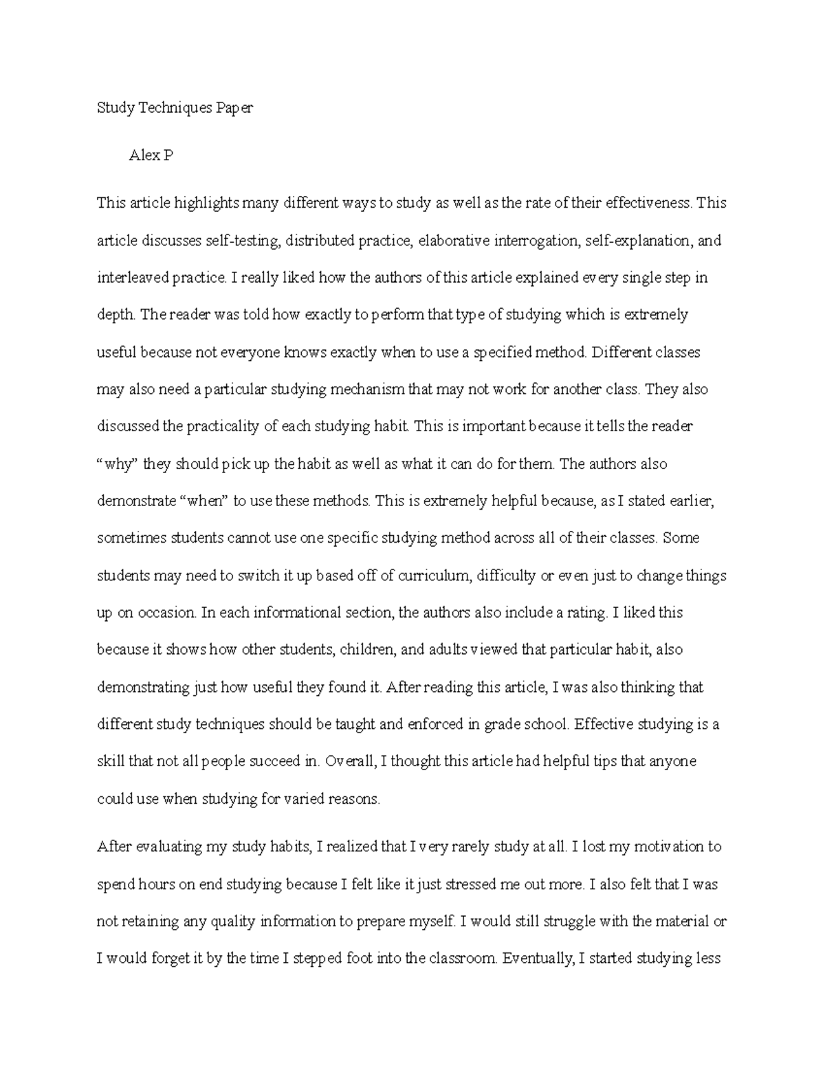 Study Techniques Paper - Study Techniques Paper Alex P This article ...