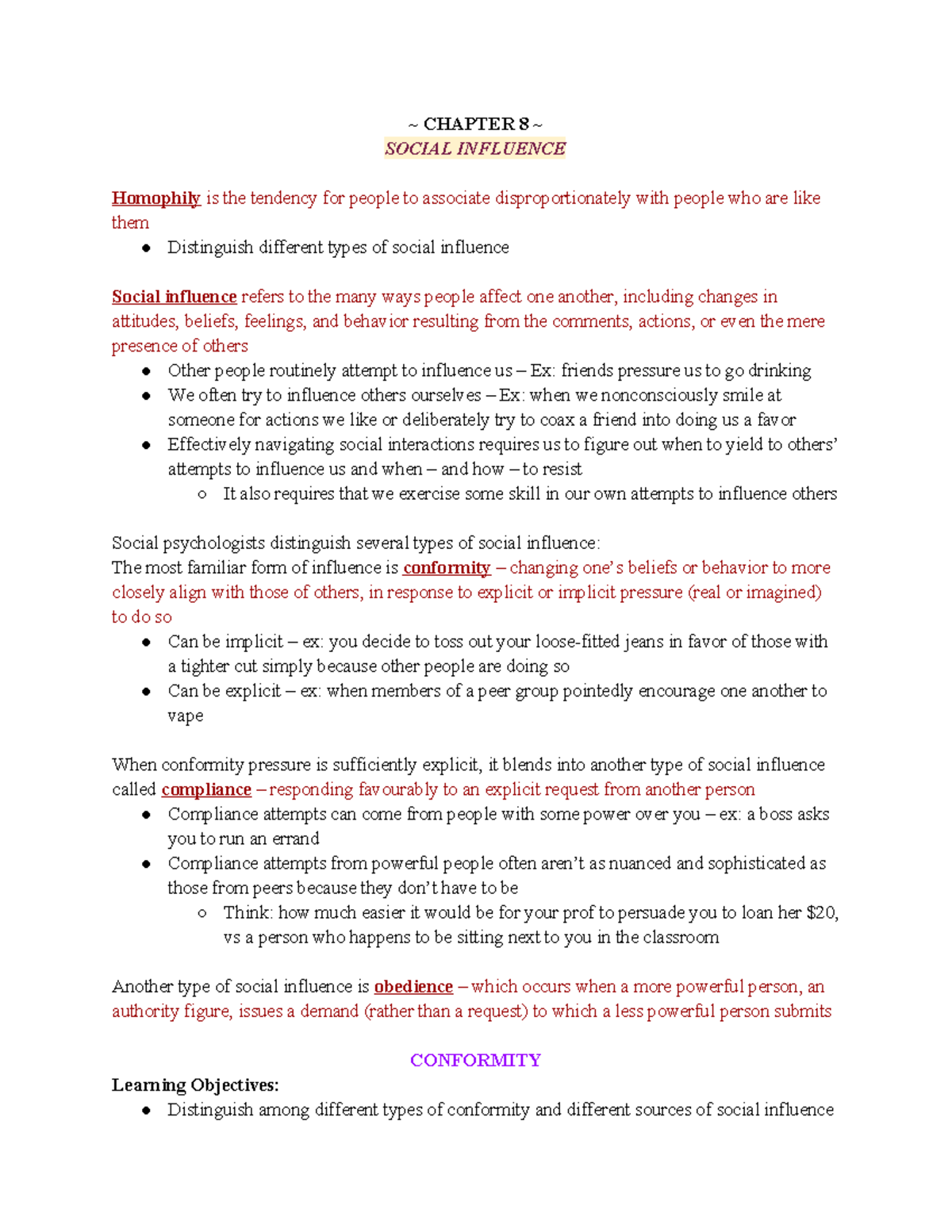 Chapter 8 - Textbook Note Summary - ~ CHAPTER 8 ~ SOCIAL INFLUENCE Homophily is the tendency for ...