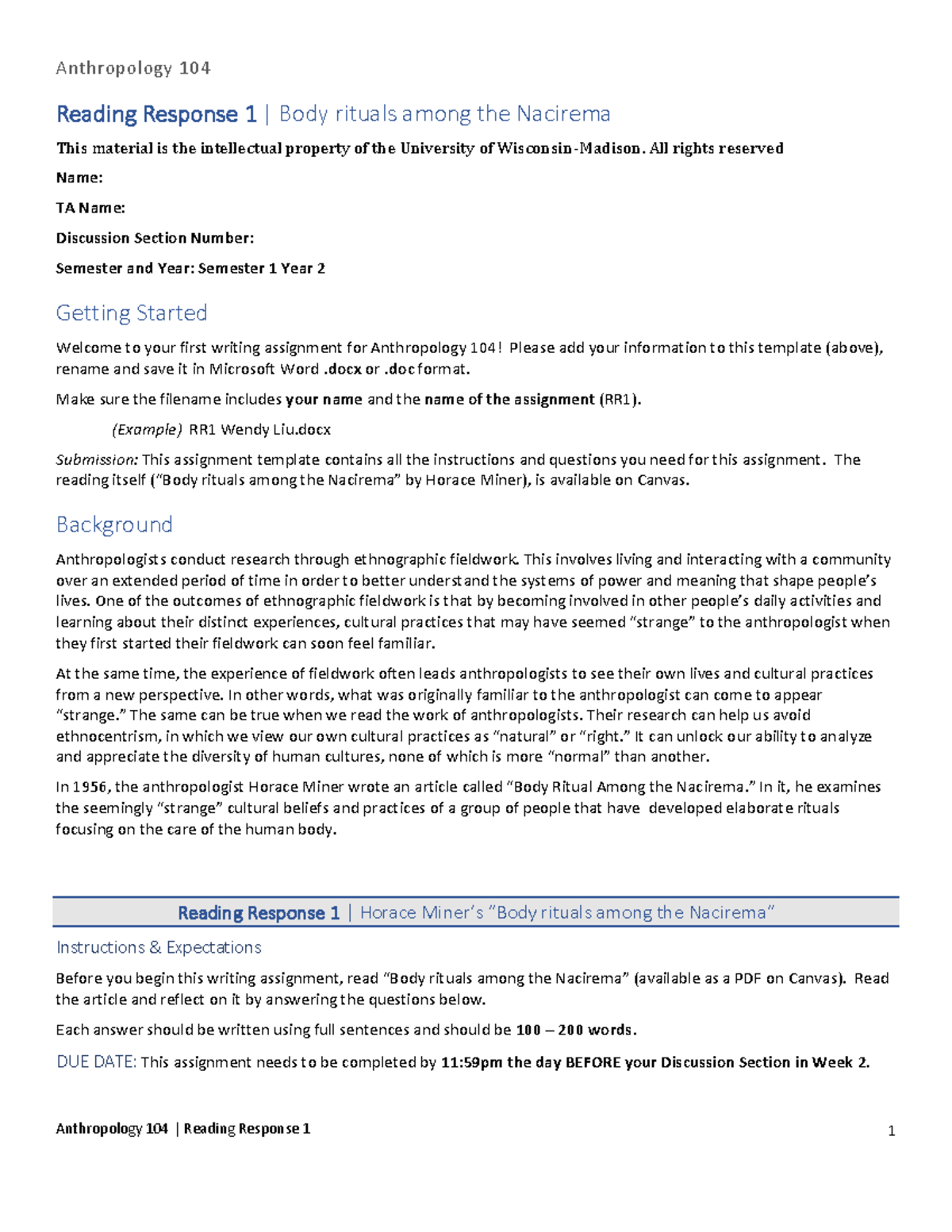 RR1 - rr1 - Anthropology 104 | Reading Response 1 1 Anthropology 104 Reading Response 1 | Body ...