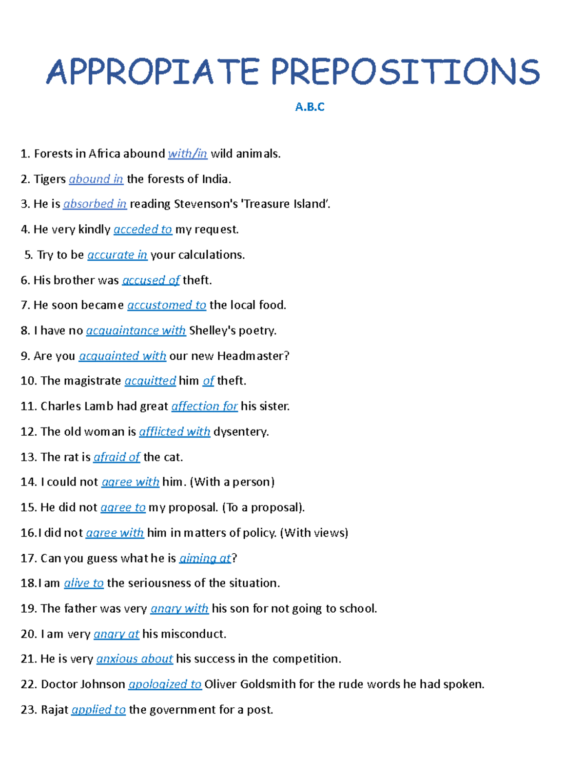 Appropiate Prepositions - APPROPIATE PREPOSITIONS A.B Forests in Africa ...