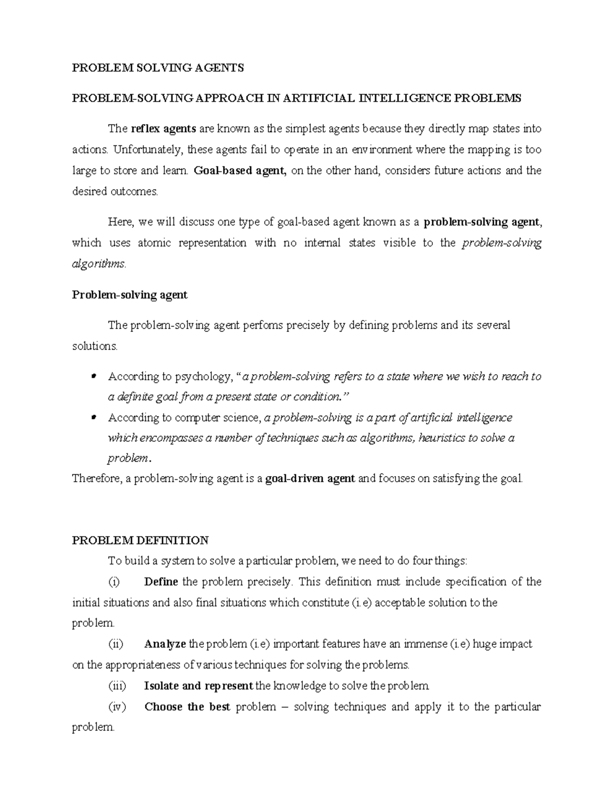 Problem Solving Agents Problem Solving Agents Problem Solving Approach In Artificial