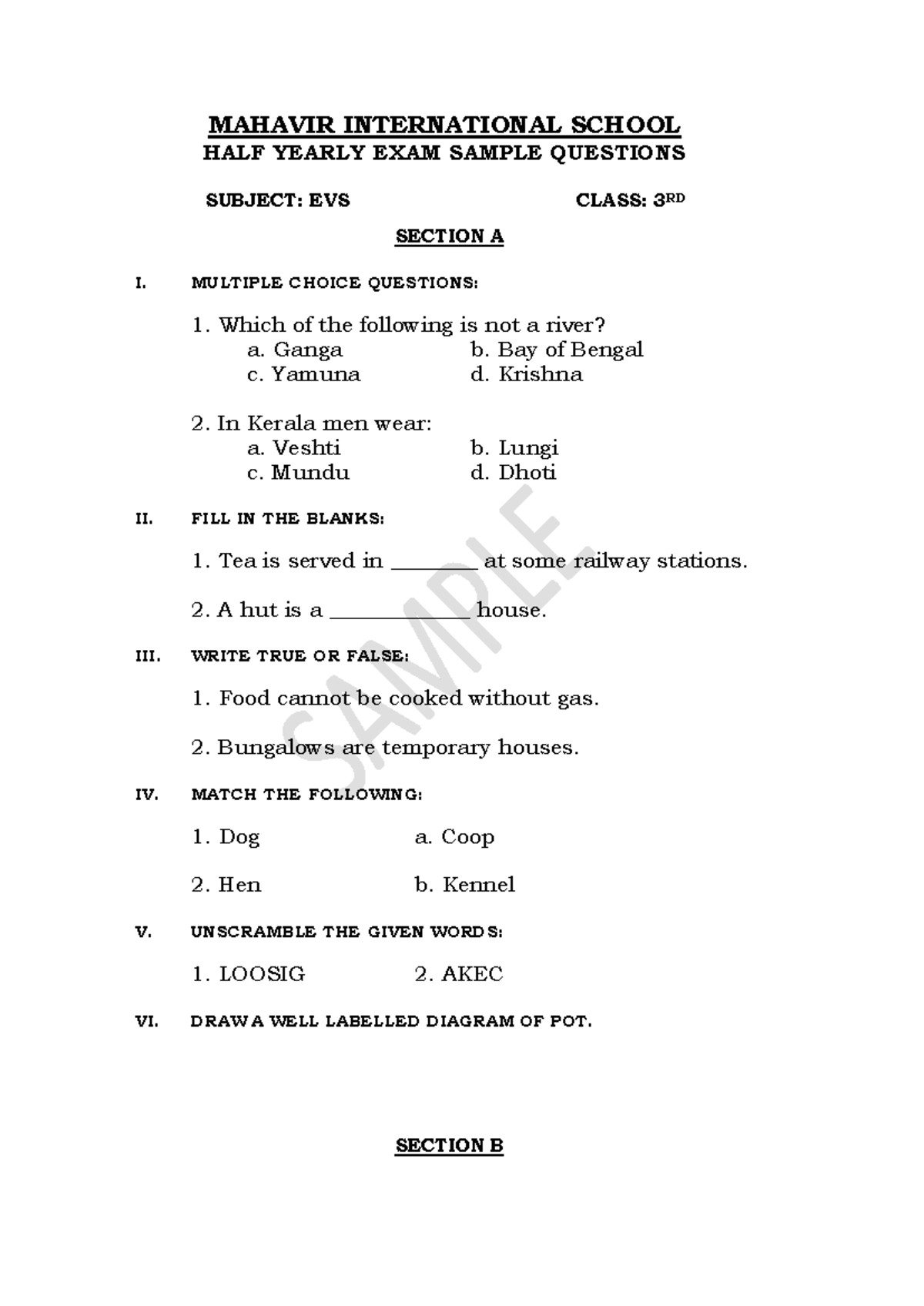 Class 3 EVS Sample Paper - MAHAVIR INTERNATIONAL SCHOOL HALF YEARLY ...