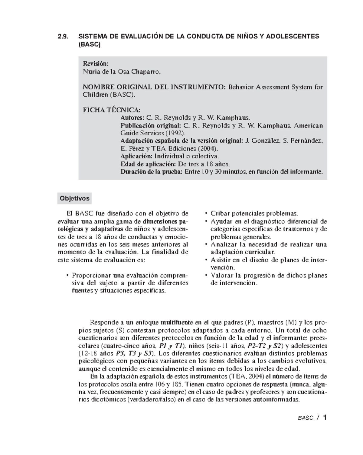 BASC - lectura sobre instrumento BASC - BASC / 1 SISTEMA DE EVALUACIÓN DE LA CONDUCTA DE NIÑOS Y ...