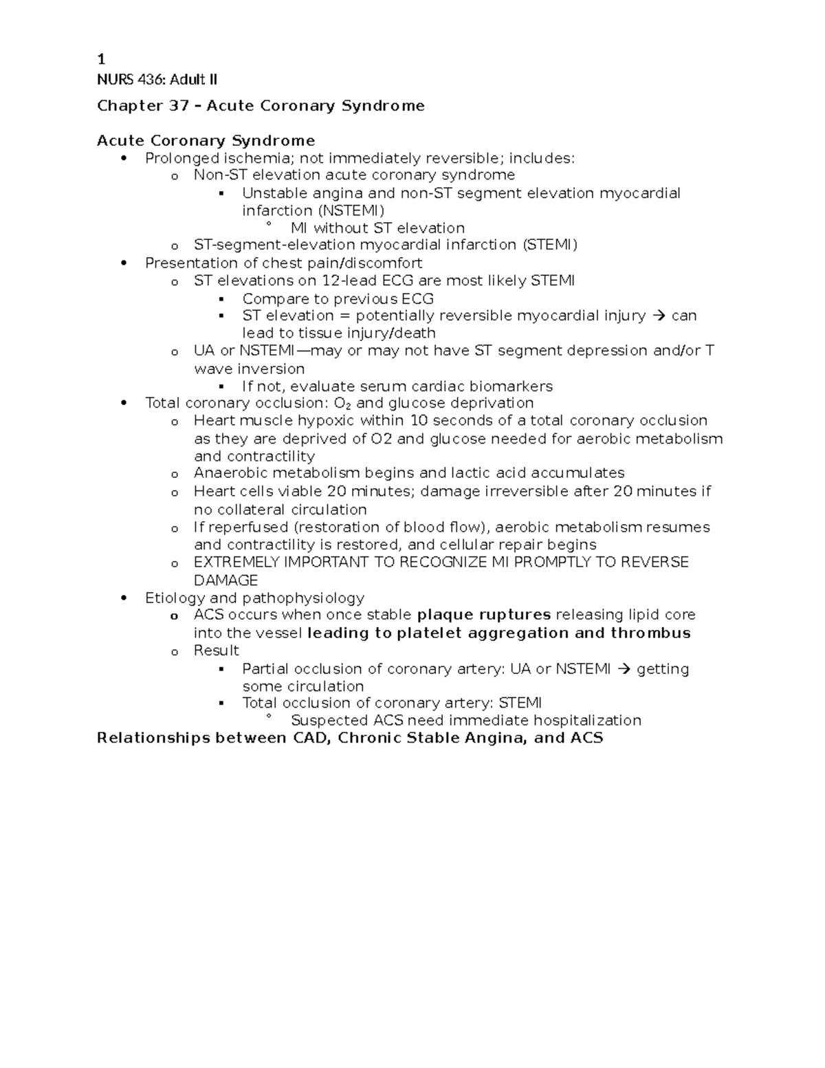 Chapter 37 ACS - NURS 436 - NURS 436: Adult II Chapter 37 – Acute ...