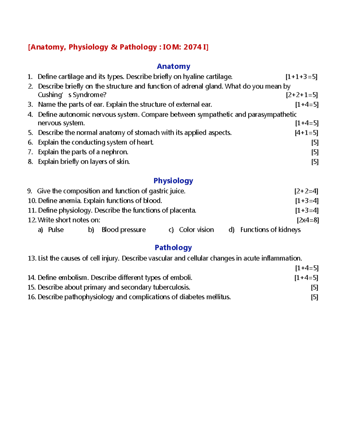 Anatomy, Physiology and Pathology IOM Past Paper 4 - [Anatomy ...