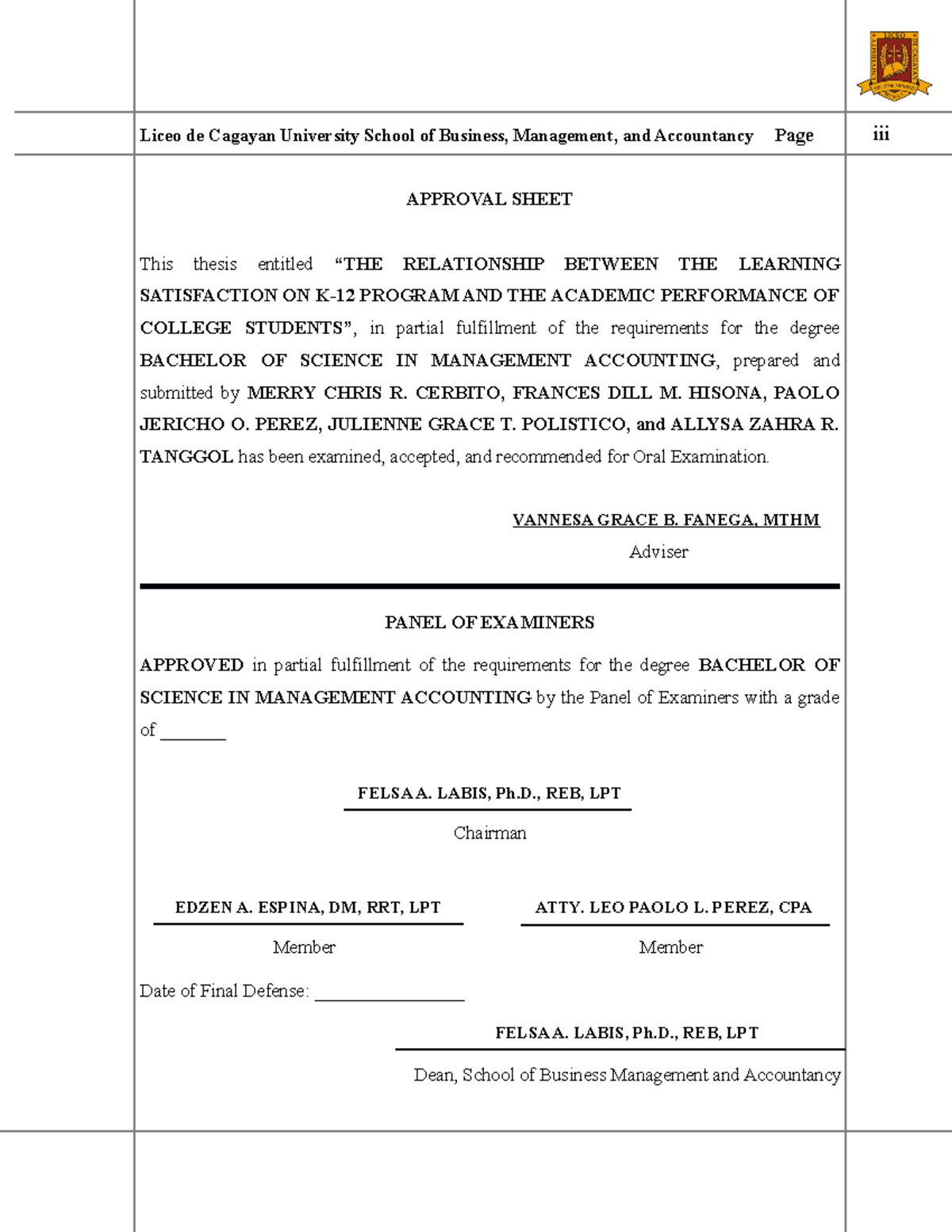 Research Approval sheet - Liceo de Cagayan University School of ...