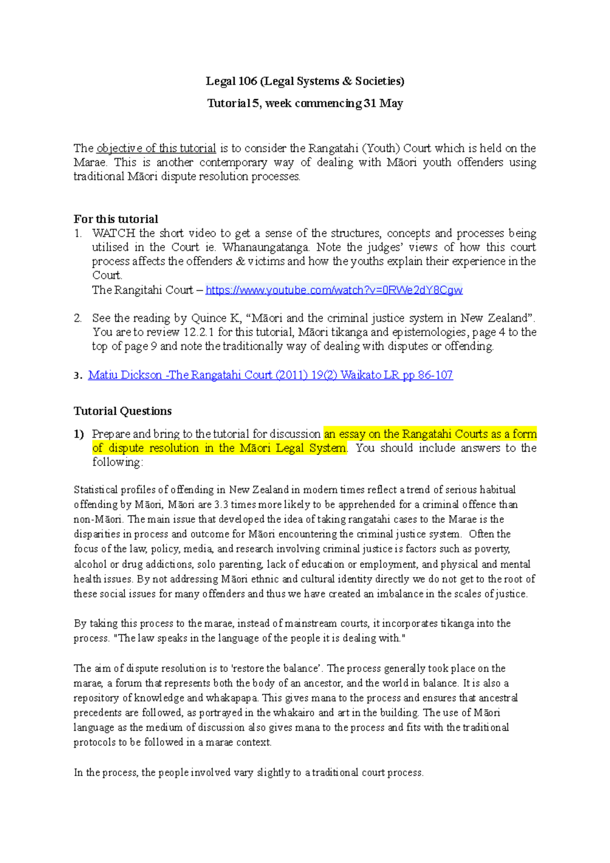 Tutorial 5 Rangatahi Court - Legal 106 (Legal Systems & Societies) Tutorial 5, week commencing ...