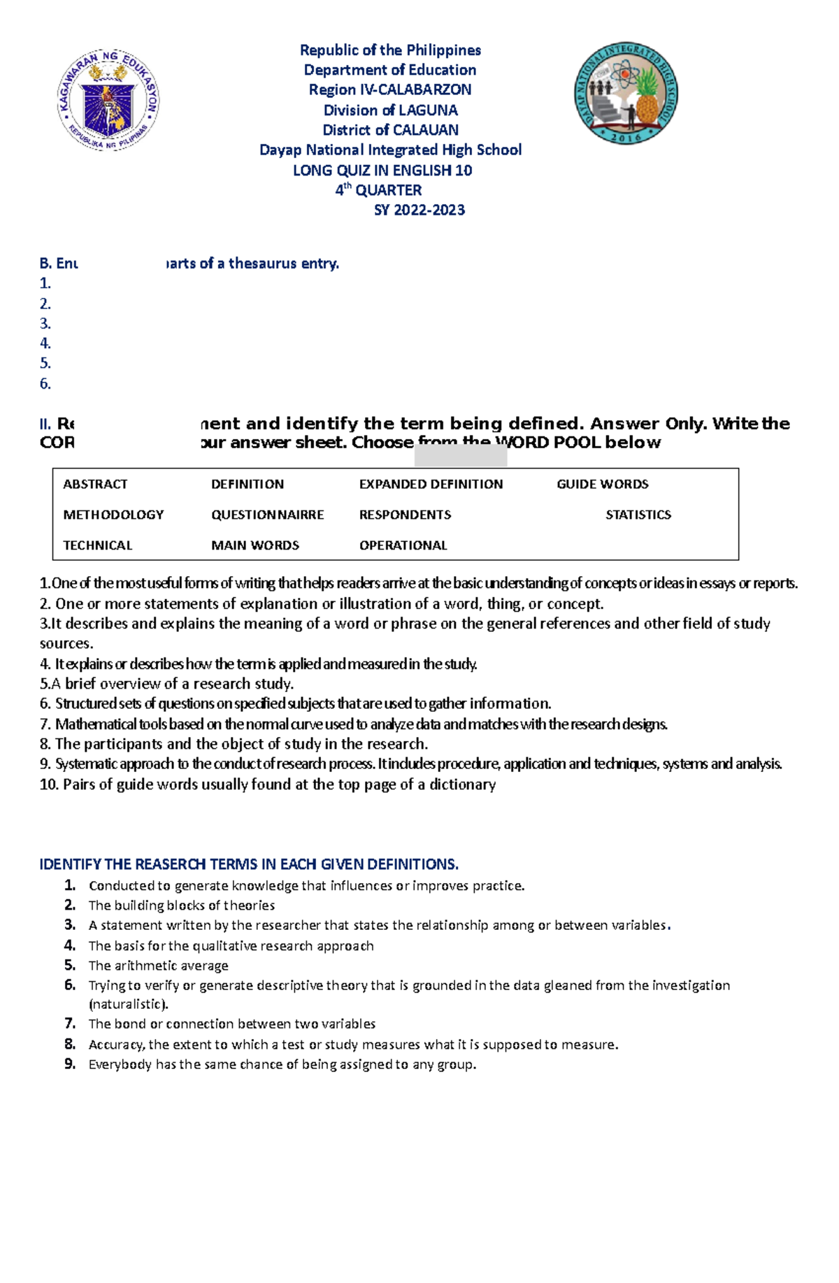 LONG TEST IN English 10 - Republic of the Philippines Department of ...