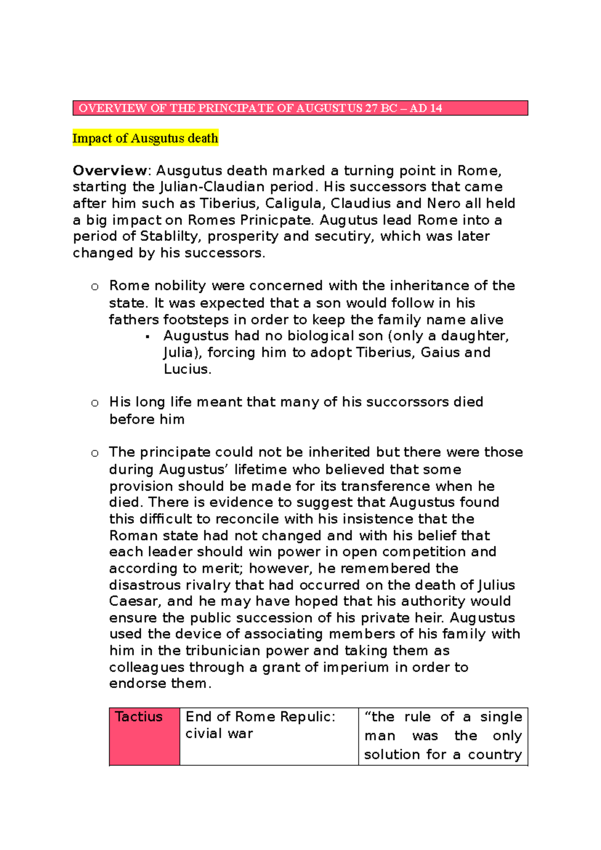 julian- caludian ancient rome notes - OVERVIEW OF THE PRINCIPATE OF ...