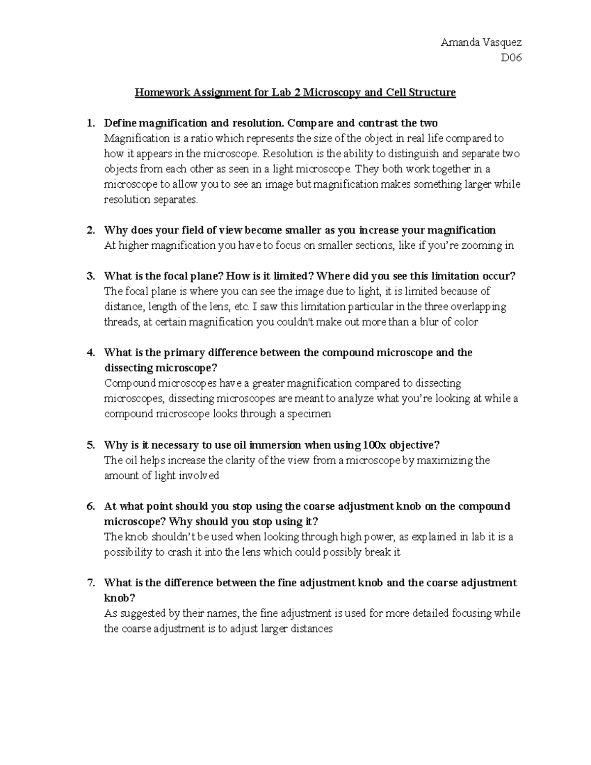 Homework Assignment for Lab 2 Microscopy and Cell Structure - Amanda ...