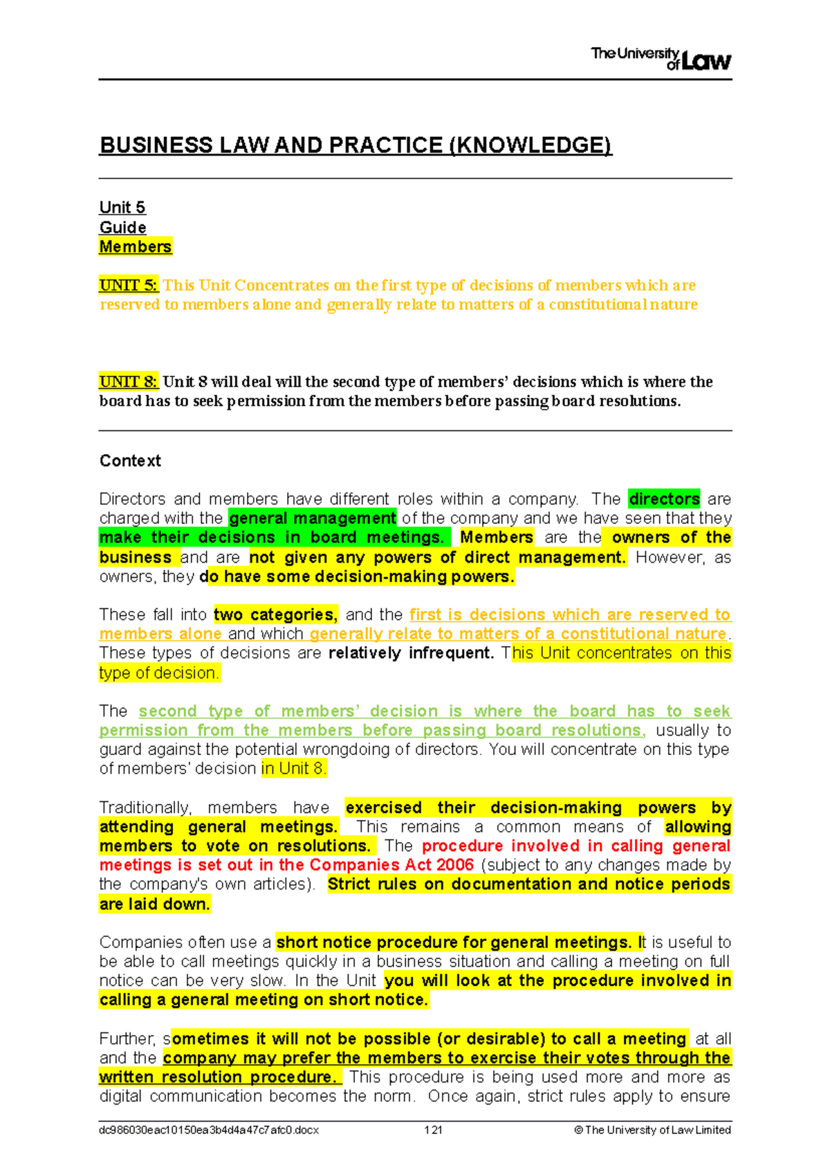 Workshop 5 - BUSINESS LAW AND PRACTICE (KNOWLEDGE) Unit 5 Guide Members ...