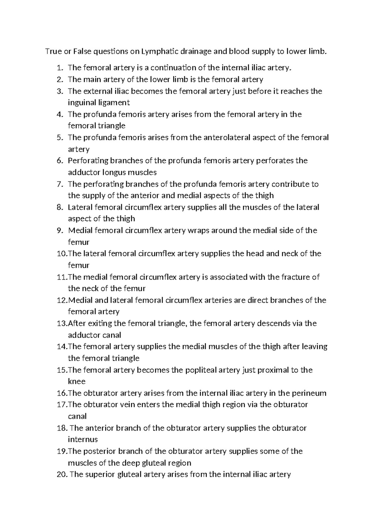 True or False questions on Lymphatic drainage and blood supply to lower ...