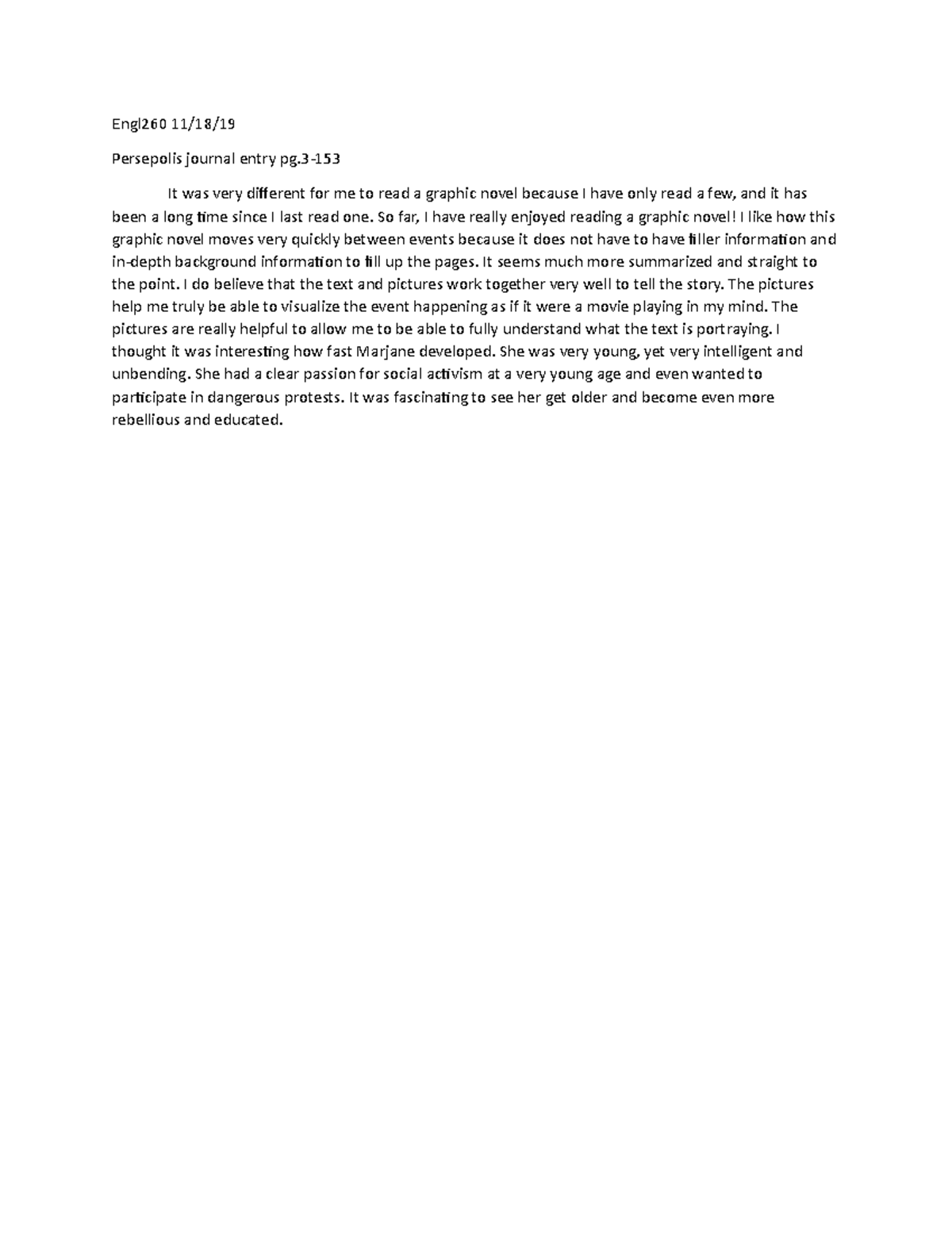 Persepolis pg. 1-153 - Engl260 11/18/ Persepolis journal entry pg- It ...