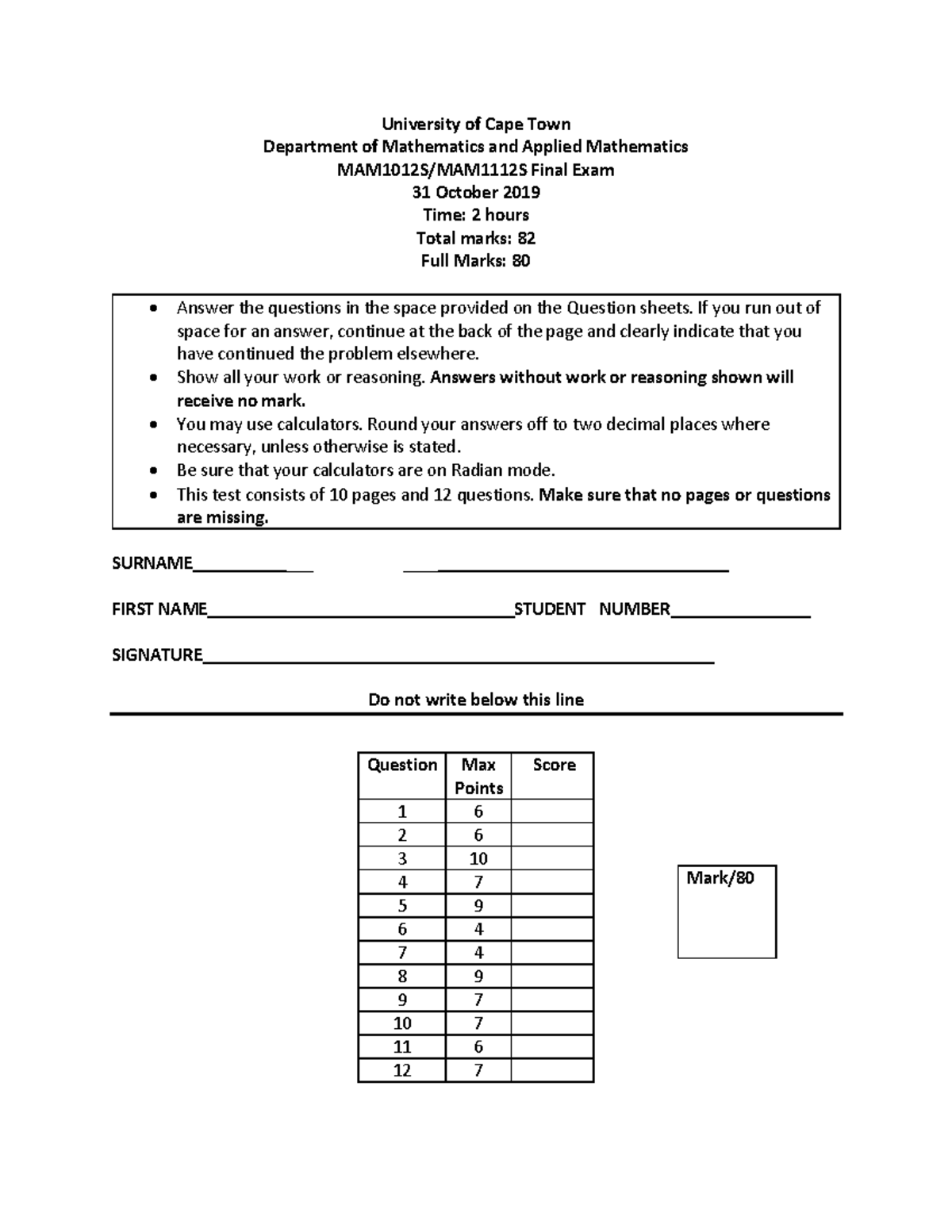 2019 Exam - 2019 maths exam past paper - University of Cape Town ...