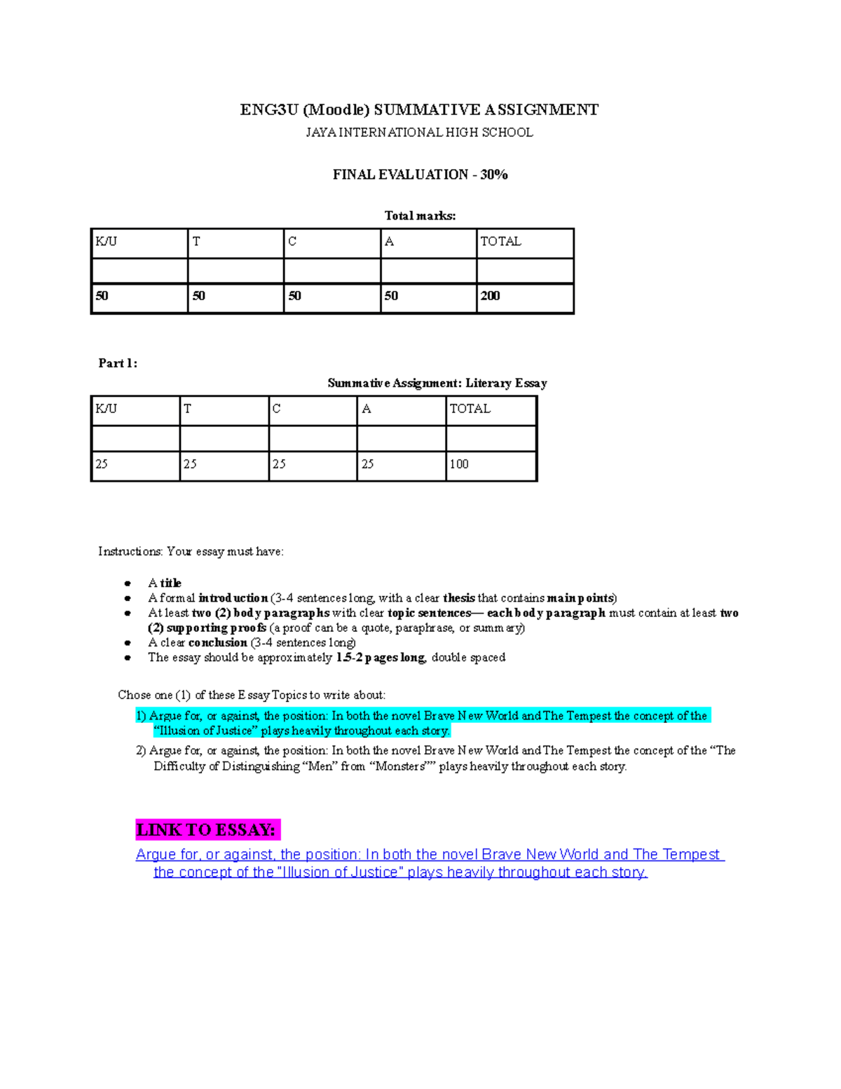 ENG3U (Moodle) Summative Assignment - ENG3U (Moodle) SUMMATIVE ASSIGNMENT JAYA INTERNATIONAL ...