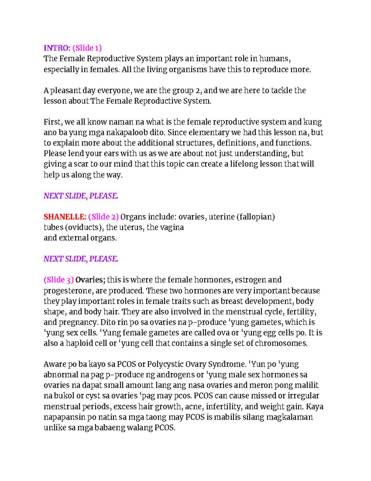 Anaphy- Reporting- Script - INTRO: (Slide 1) The Female Reproductive ...