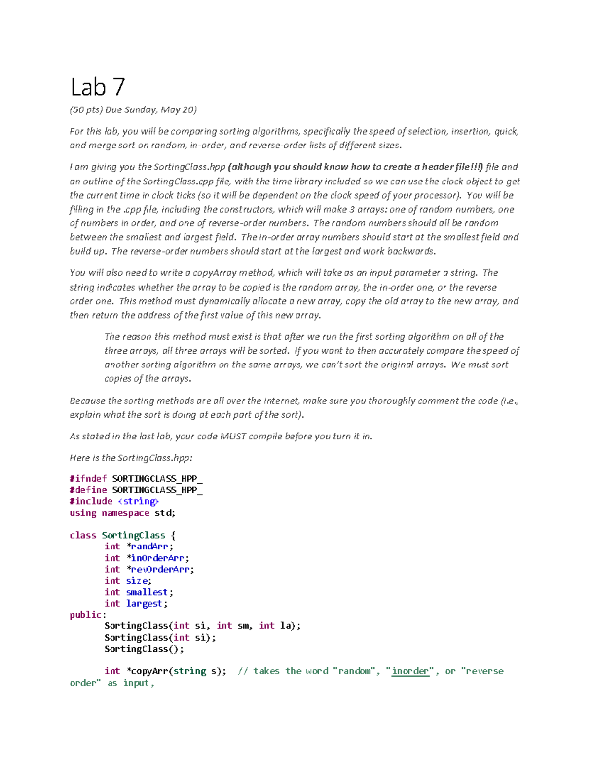 CISC220 Lab7Sorting - Lab 7 assignment - Lab 7 (50 pts) Due Sunday, May ...