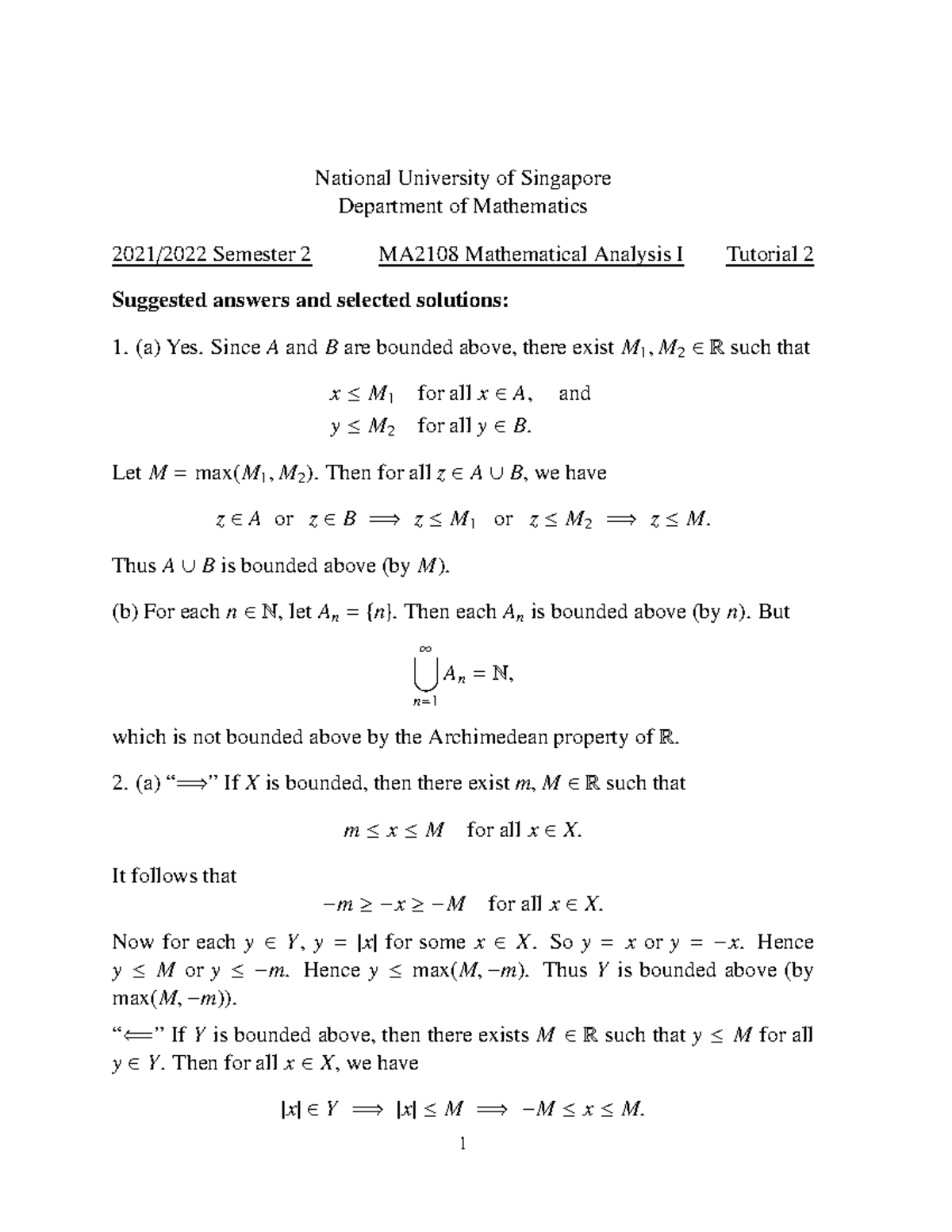 2108Tut2 - Solution - National University of Singapore Department of ...