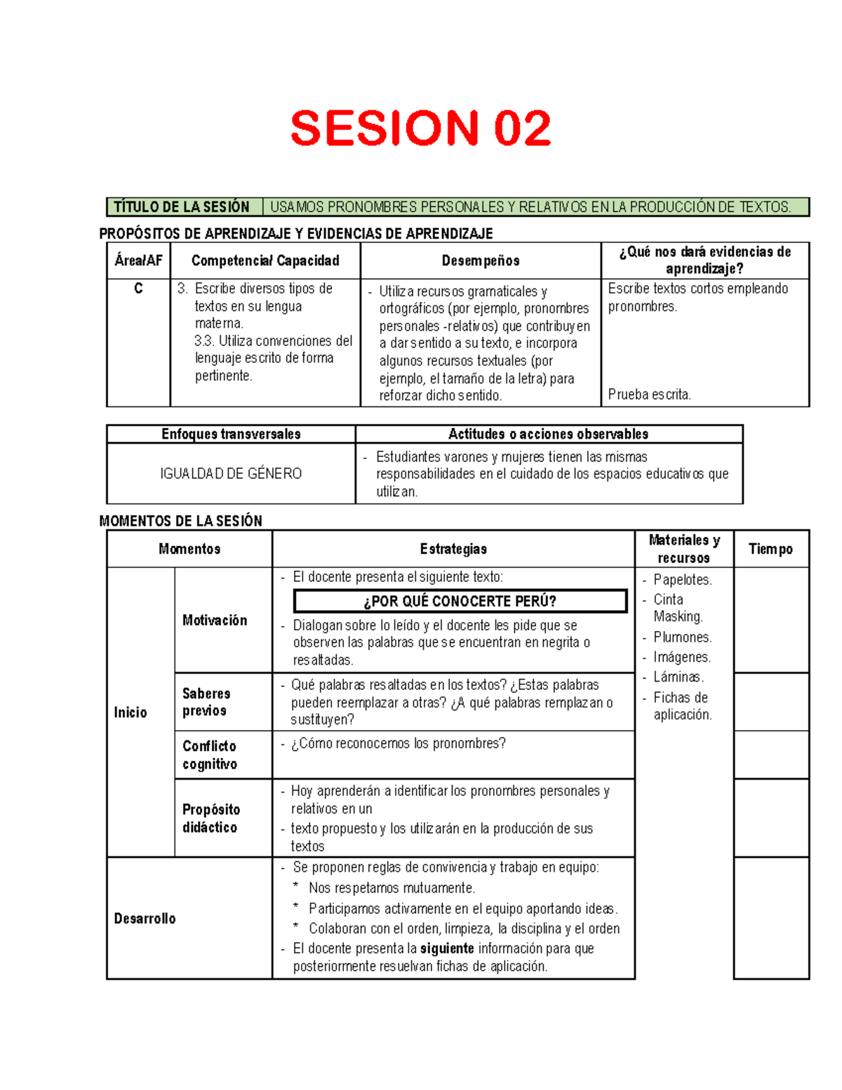 379925221 sesion pronombres personales - SESION 02 TÕTULO DE LA SESI”N USAMOS PRONOMBRES ...