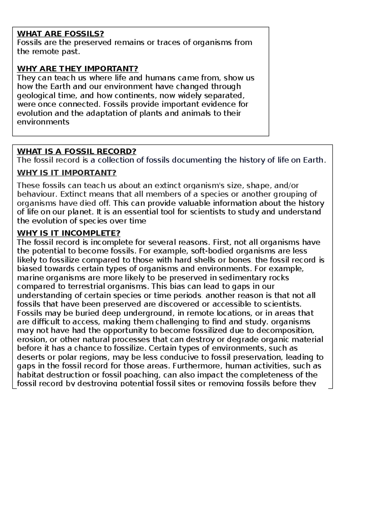 Fossils-human bio - fossil report - WHAT ARE FOSSILS? Fossils are the ...