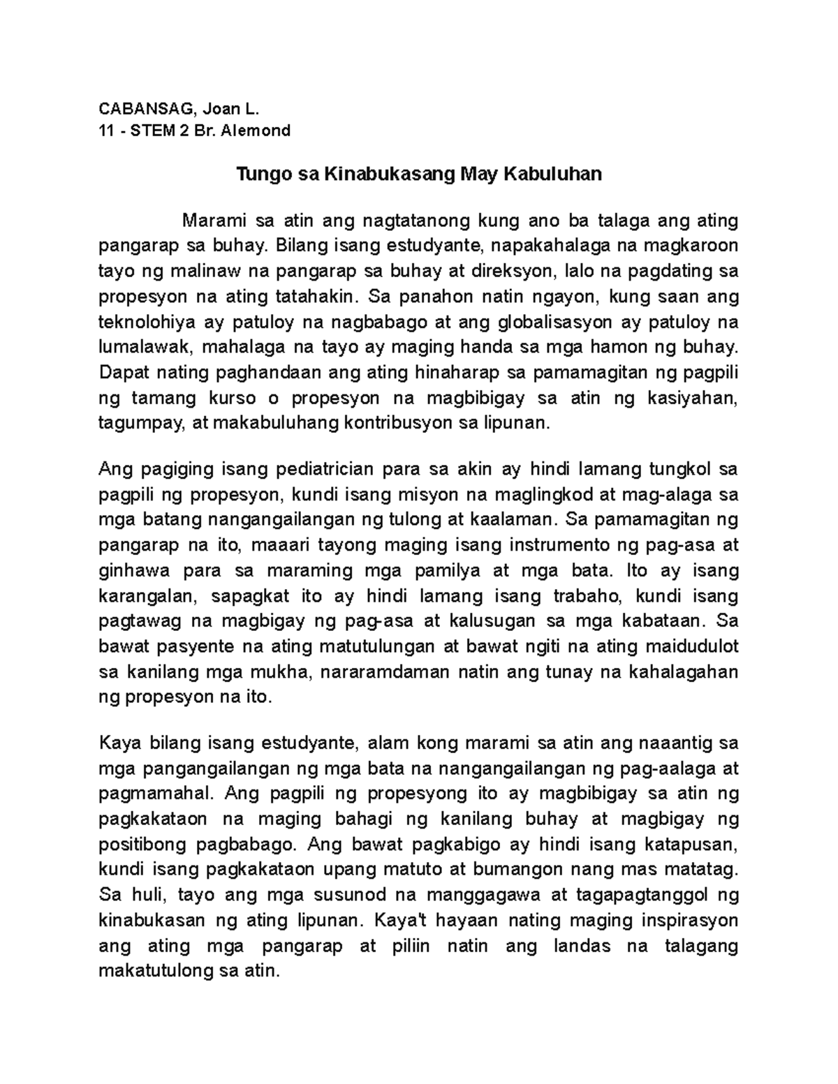 FIL Talumpati - CABANSAG, Joan L. 11 - STEM 2 Br. Alemond Tungo sa ...