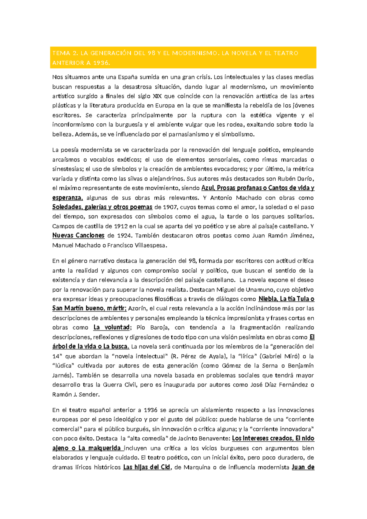 TEMA 2 Modernismo - Tema 2 resumido para evau - TEMA 2. LA GENERACIÓN ...
