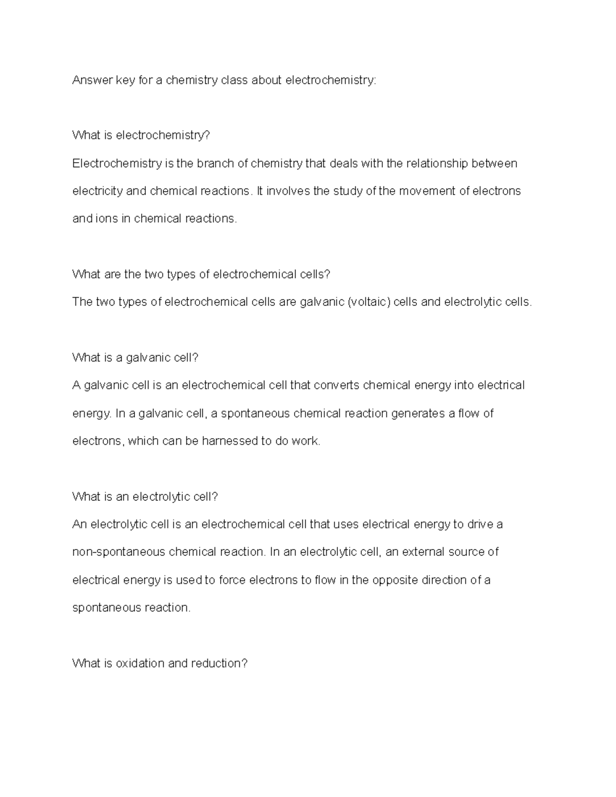 Answer key for a chemistry class about electrochemistry - It involves ...