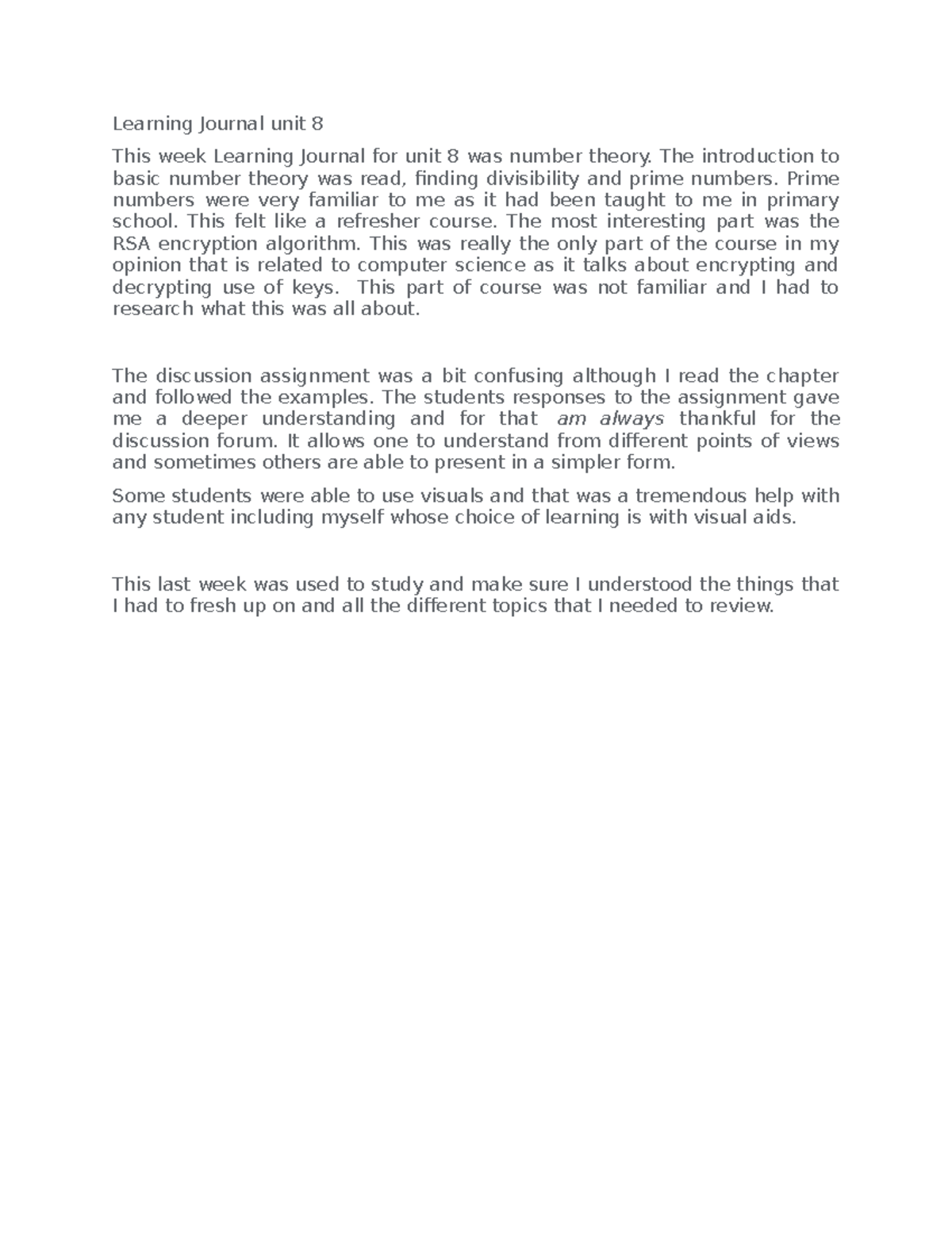 Learning Journal unit 8 - The introduction to basic number theory was ...