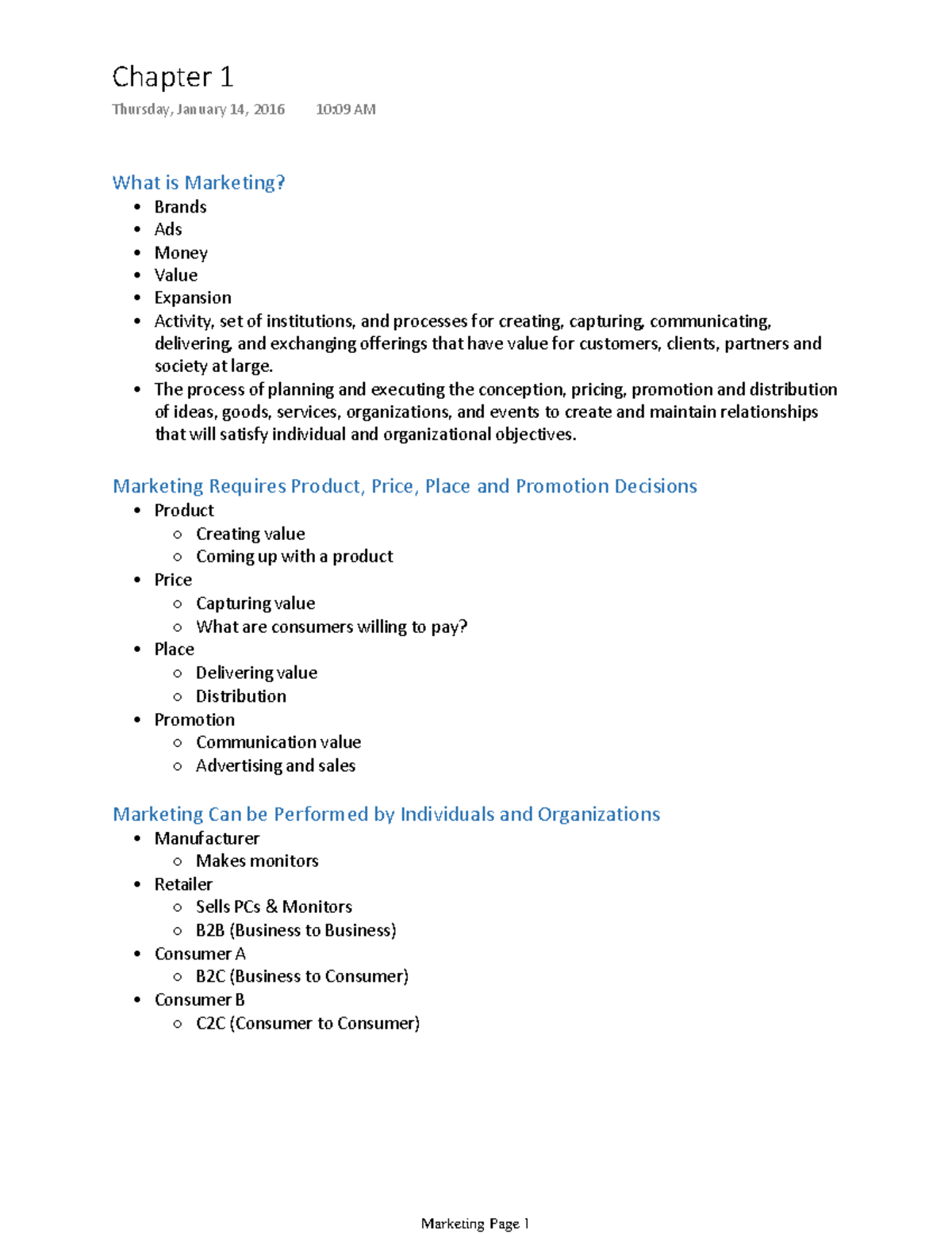 Marketing - Lecture notes All Lectures - Chapter 1 Thursday, January 14 ...