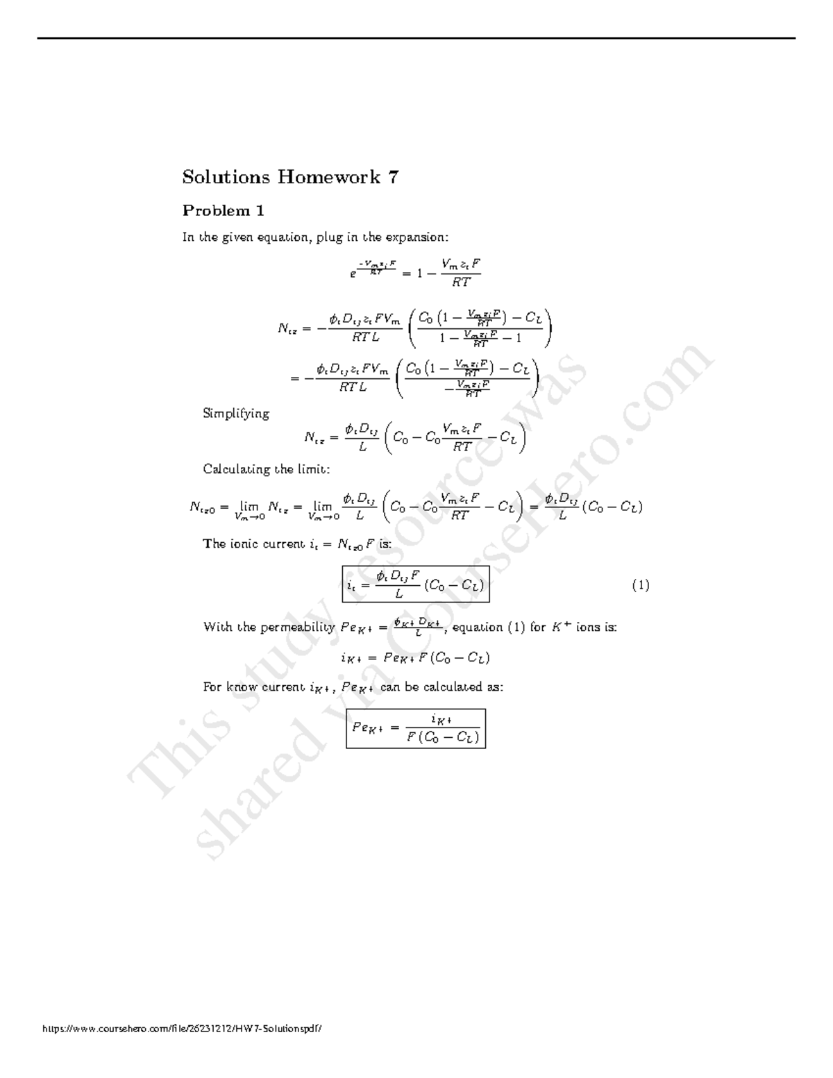 BME 502 Problem Set 7 - Solutions Homework 7 Problem 1 In the given equation, plug in the ...