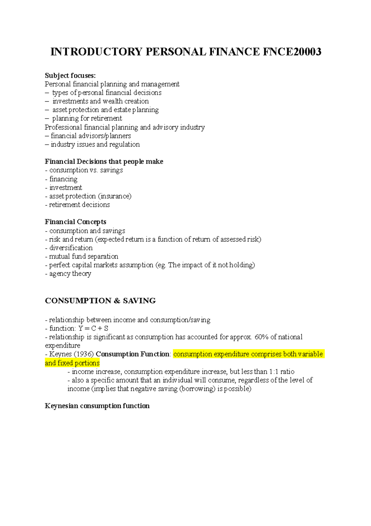 Intro P - Lecture notes 1 - INTRODUCTORY PERSONAL FINANCE FNCE Subject ...