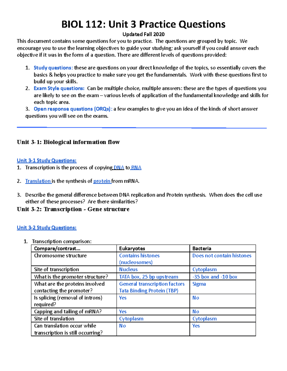 Unit 3 Answer BIOL 112 Unit 3 Practice Questions Updated Fall 2020