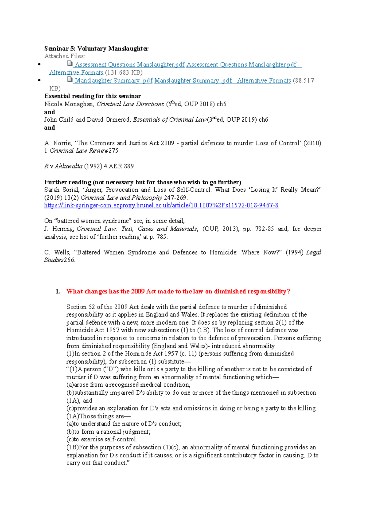 Seminar 5 Criminal Law Voluntary Manslaughter Seminar 5