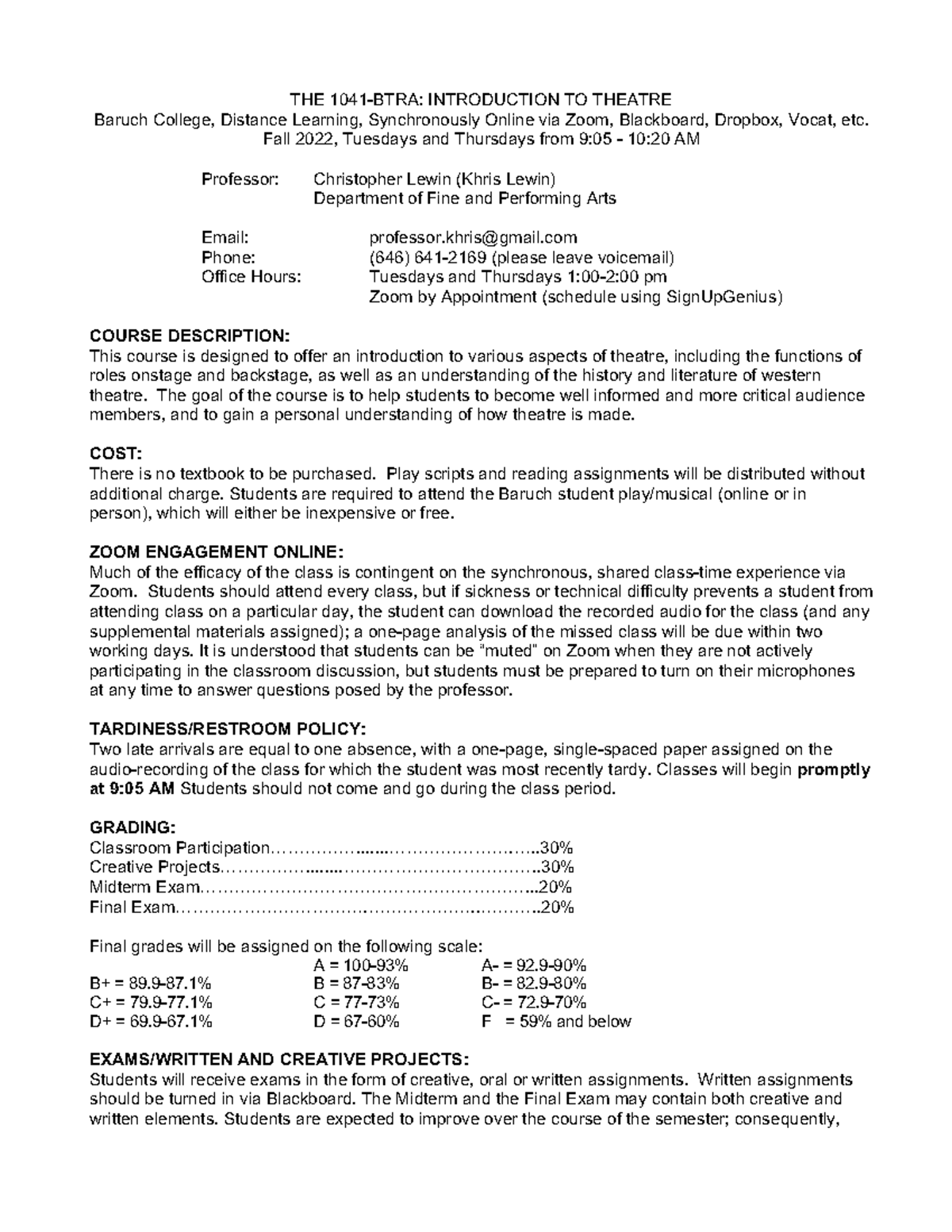 THE 1041 syllabus - THE 1041-BTRA: INTRODUCTION TO THEATRE Baruch ...