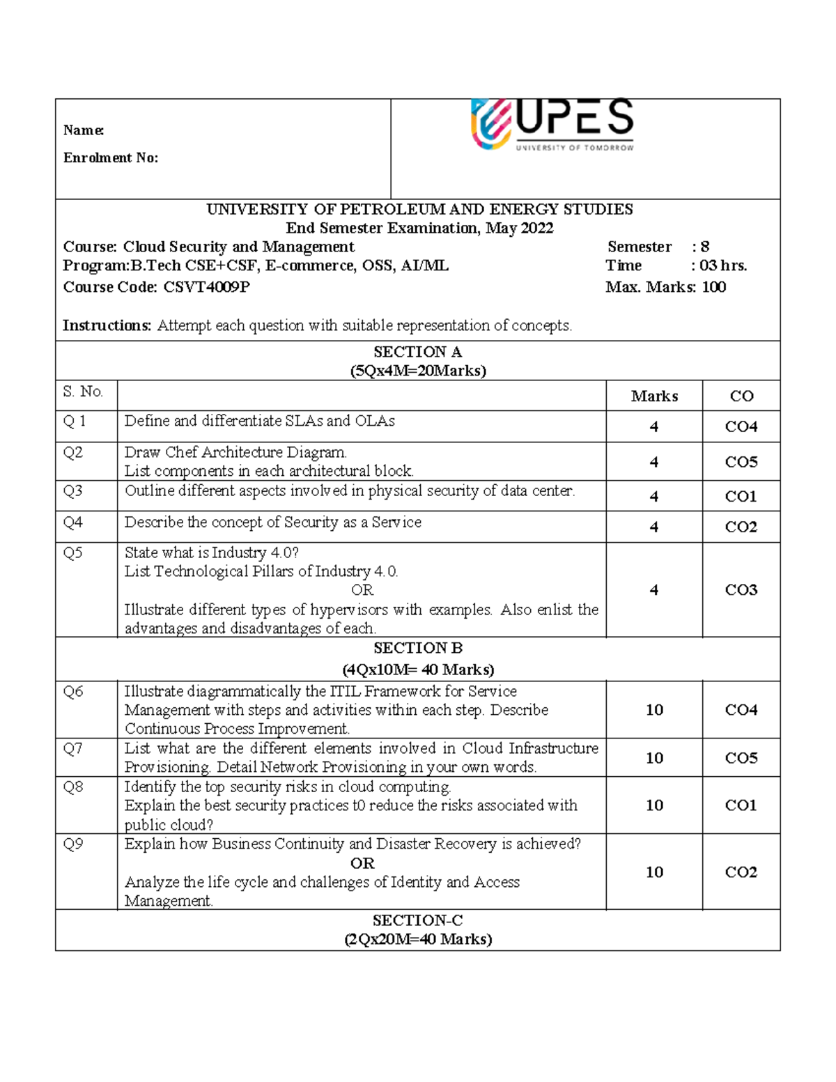 B.Tech CSE+CSF E-commerce+ OSS+ AIML VIII Cloud Computing Security&Management - Name: Enrolment ...