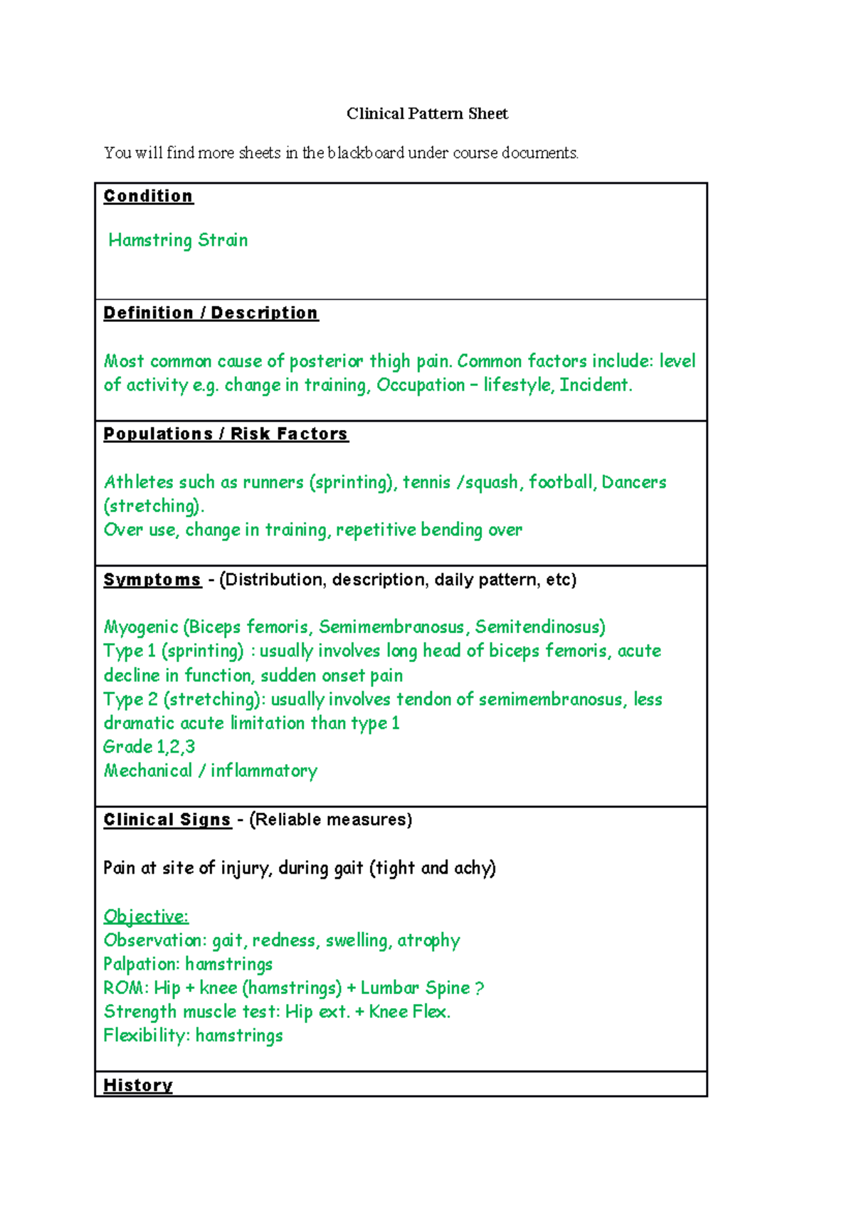 Clinical Pattern Sheet Hamstring Strain - Clinical Pattern Sheet You ...
