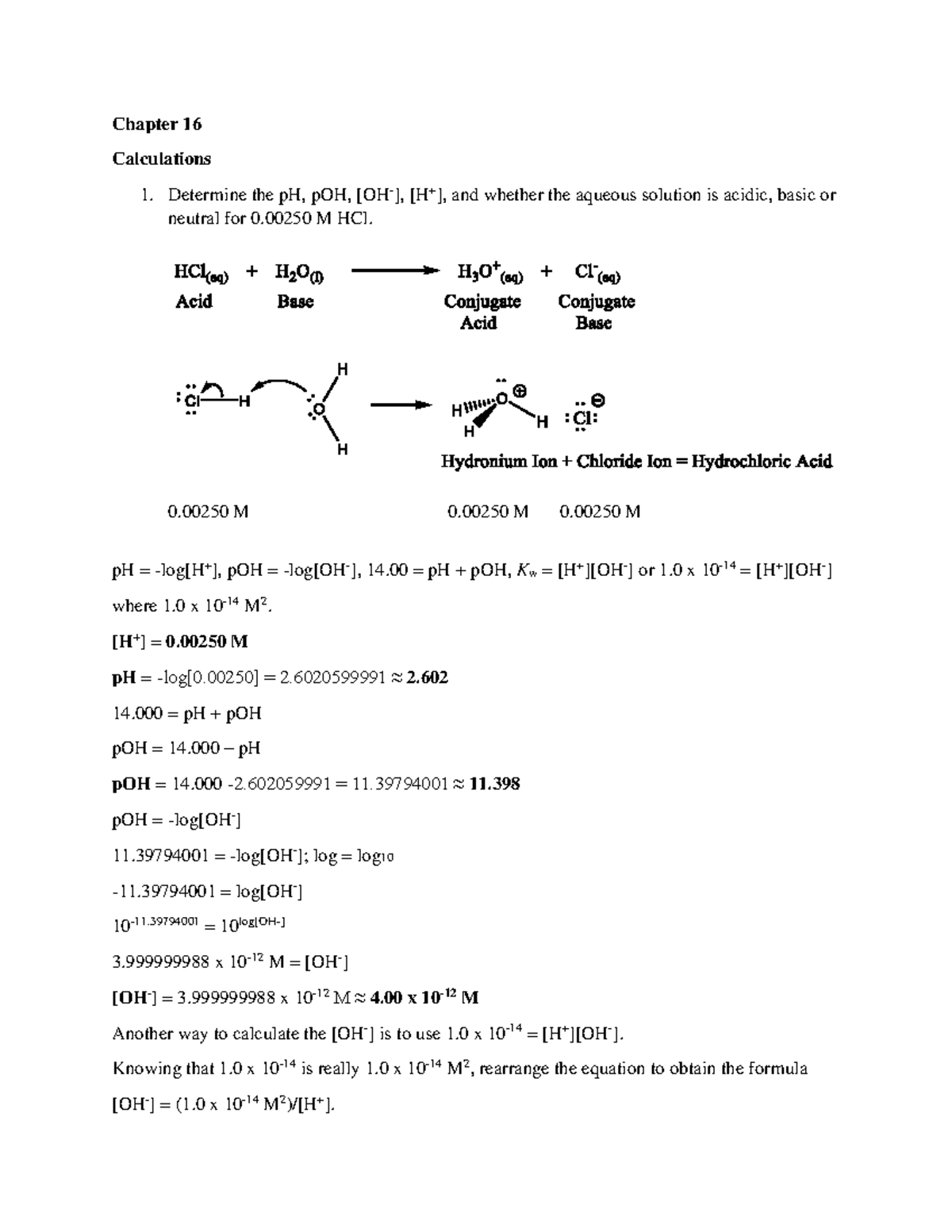 Chapter 16 Calculations - Determine the pH, pOH, [OH-], [H+], and ...