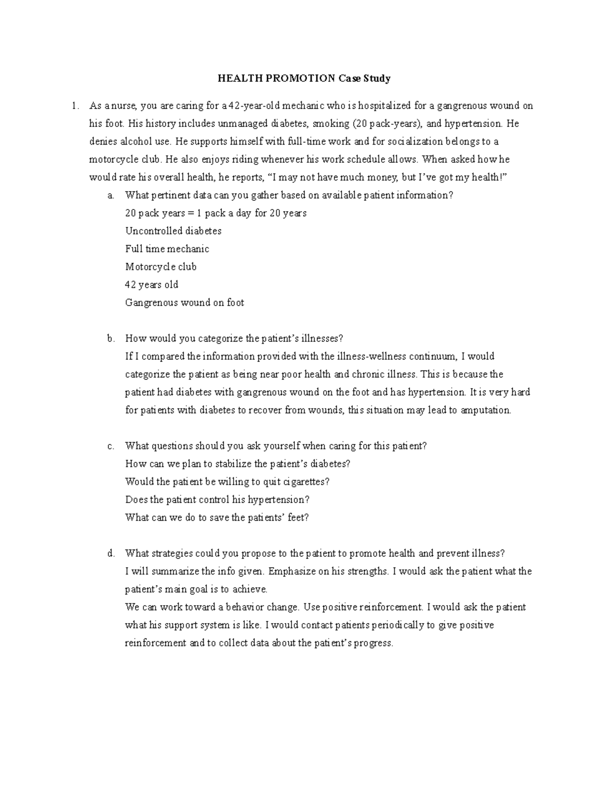 Health Promo Casestudy - HEALTH PROMOTION Case Study As a nurse, you ...