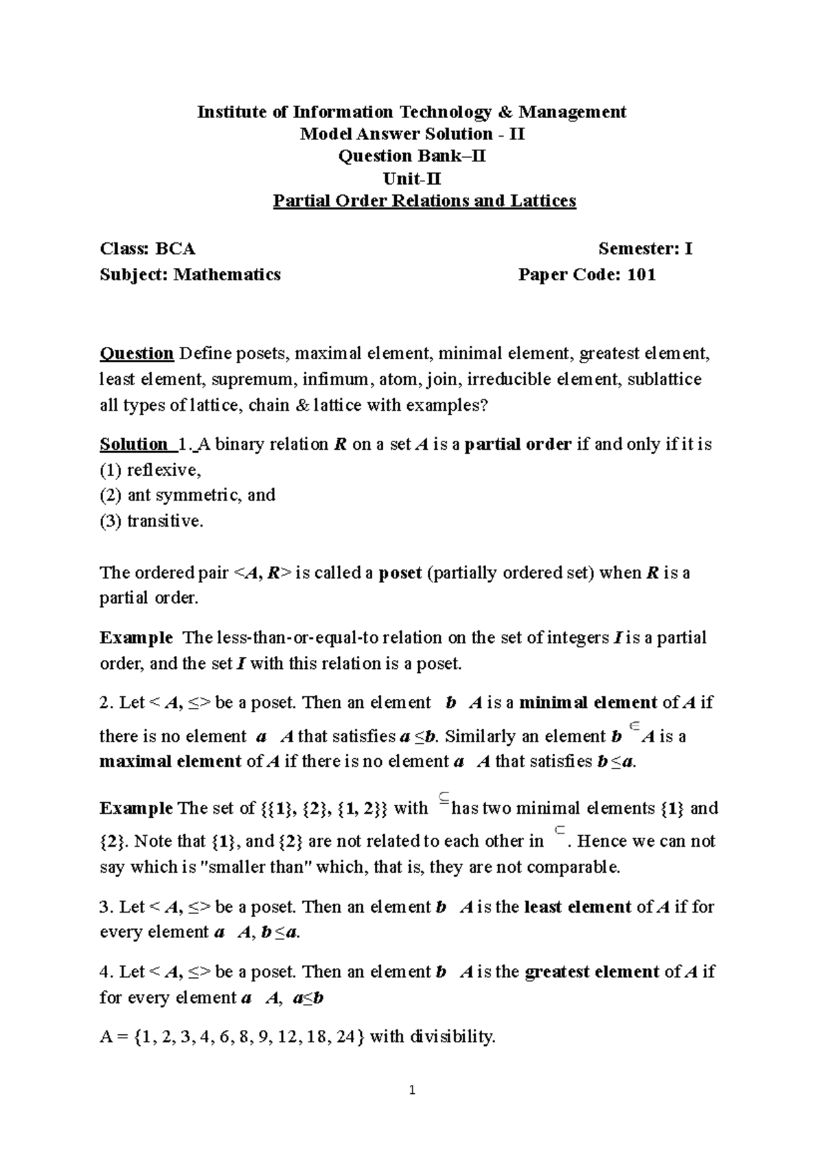 Question Bank II Solution BCA 101 - Institute of Information Technology ...