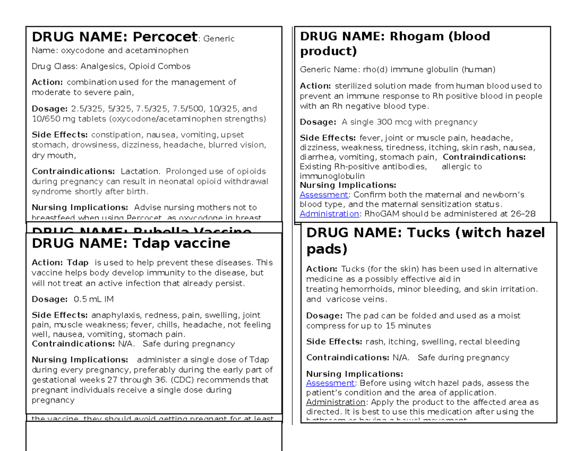 Pre Clinical assignment Flash drug flash Cards Row 3 pg. 4 - DRUG NAME ...