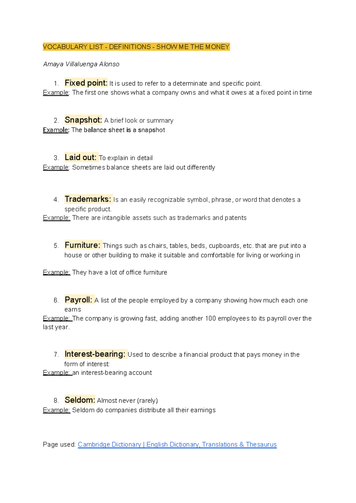 Vocabulary LIST - Definitions - SHOW ME THE Money - VOCABULARY LIST ...