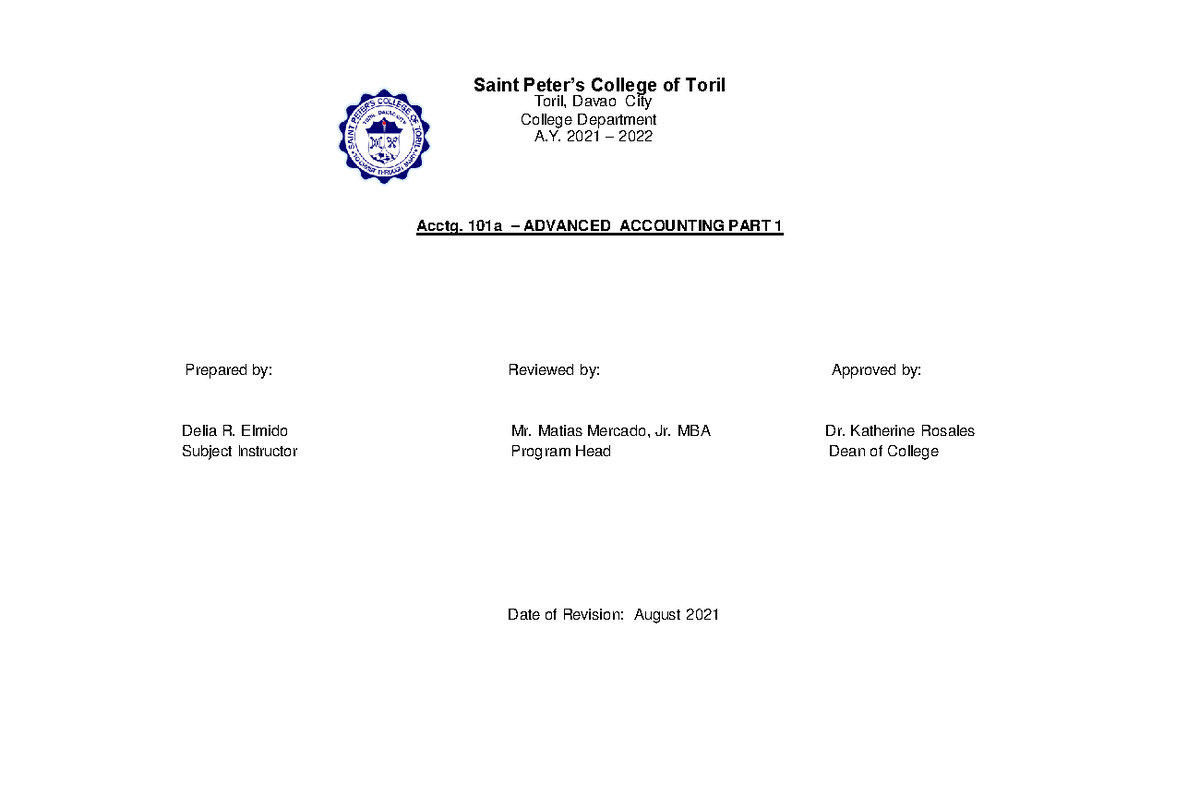 Acctg 101syllabuss - none - Saint Peter’s College of Toril Acctg. 101a ...