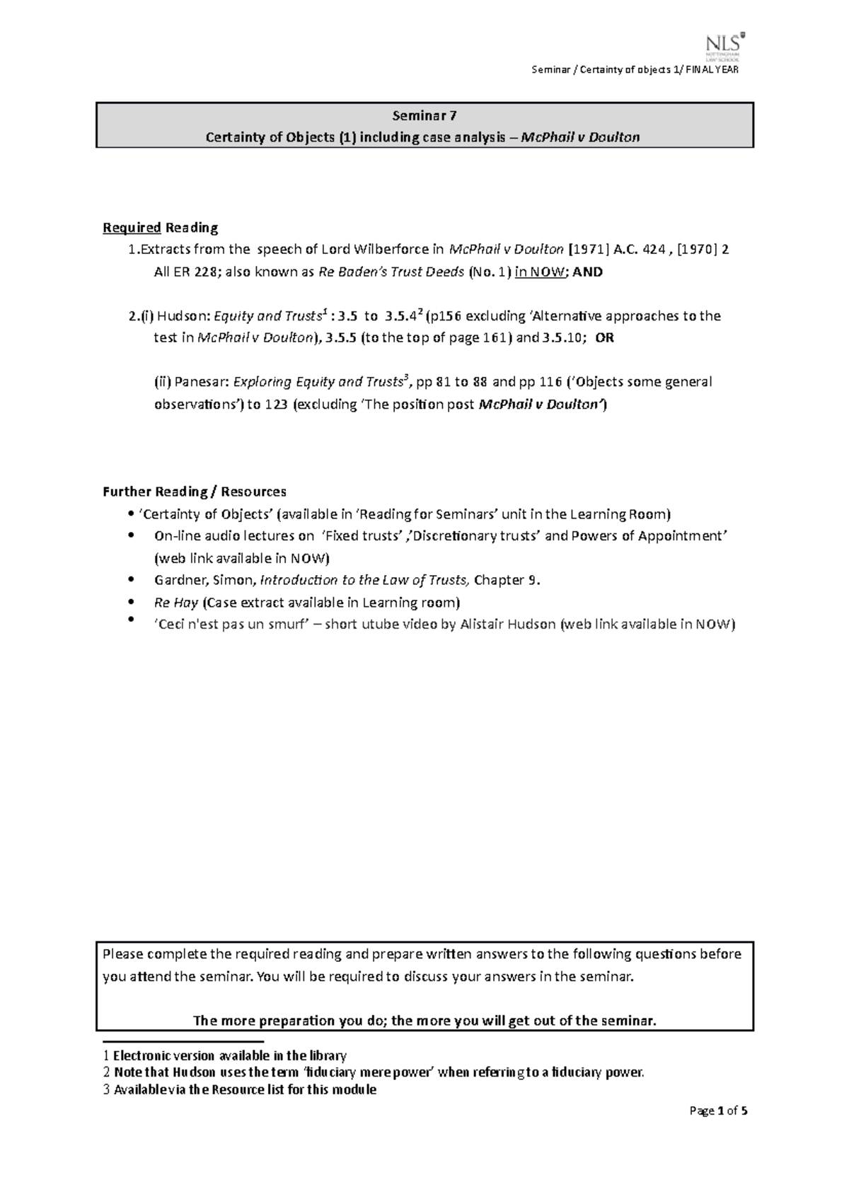 Seminar seven - week 7 - Seminar 7 Certainty of Objects (1) including case analysis – McPhail v ...