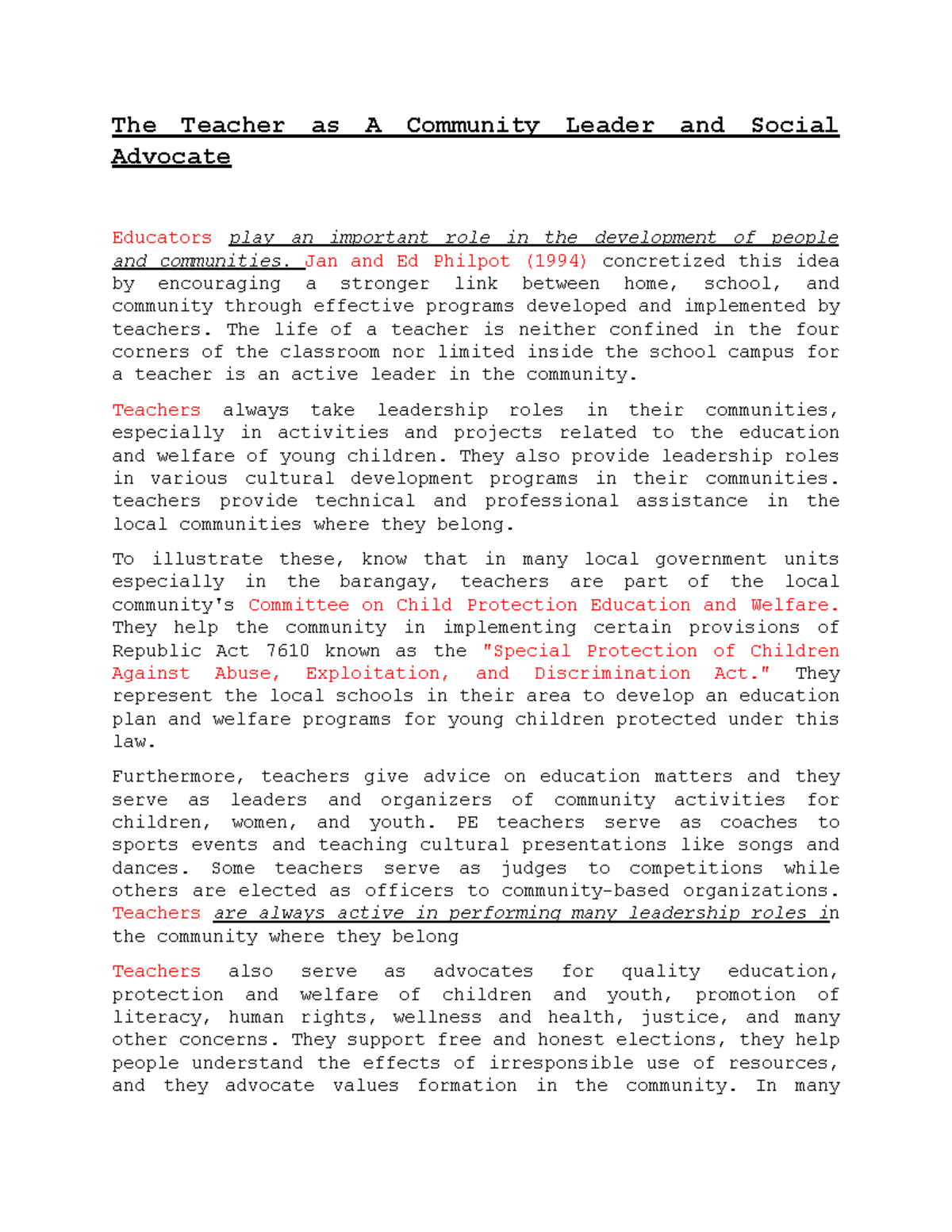 The Teacher As A Community Leader and Social Advocate - The Teacher as ...