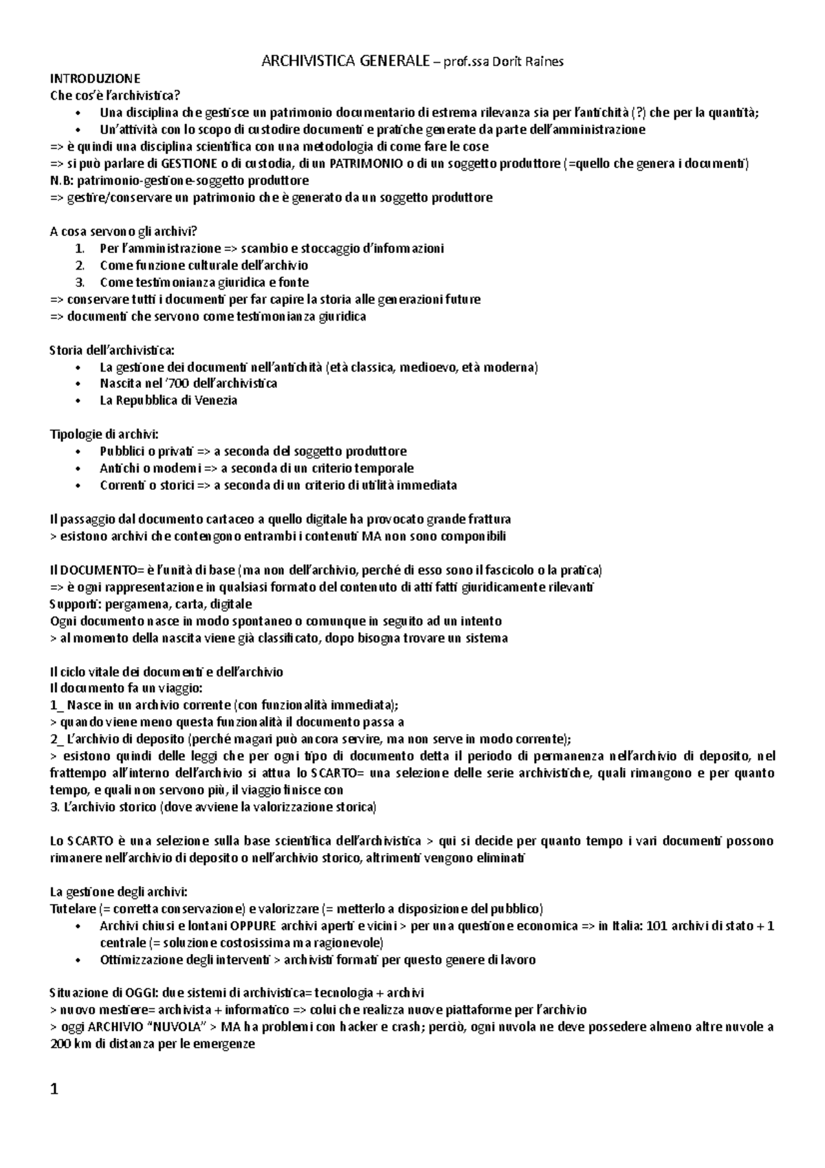 Archivistica E Archivi - ARCHIVISTICA GENERALE – prof Dorit Raines ...