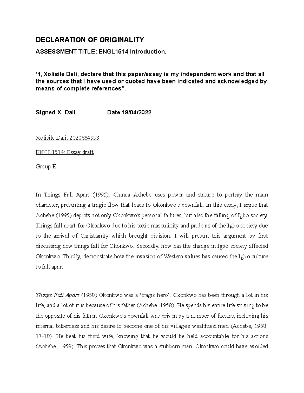 ENGL1415-Essay Draft - NONE - DECLARATION OF ORIGINALITY ASSESSMENT ...